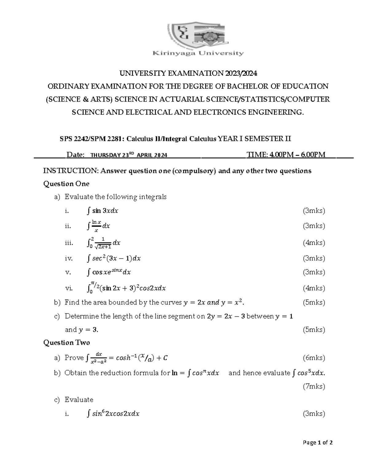 SPS 2281: Calculus II Exam Questions - Year I Semester II - Studocu