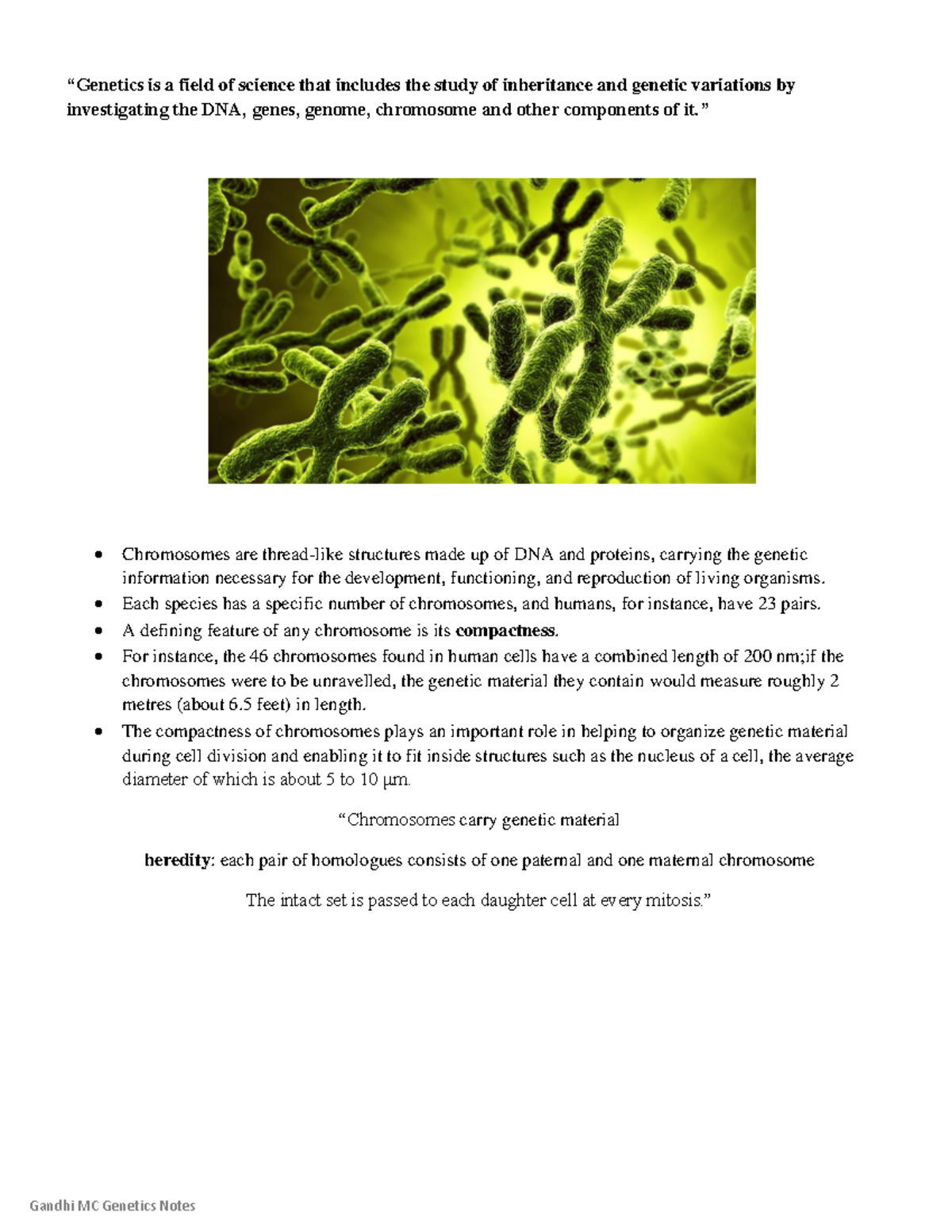 Genetics Notes: Structure of Chromosomes and Inheritance Patterns AN73 ...