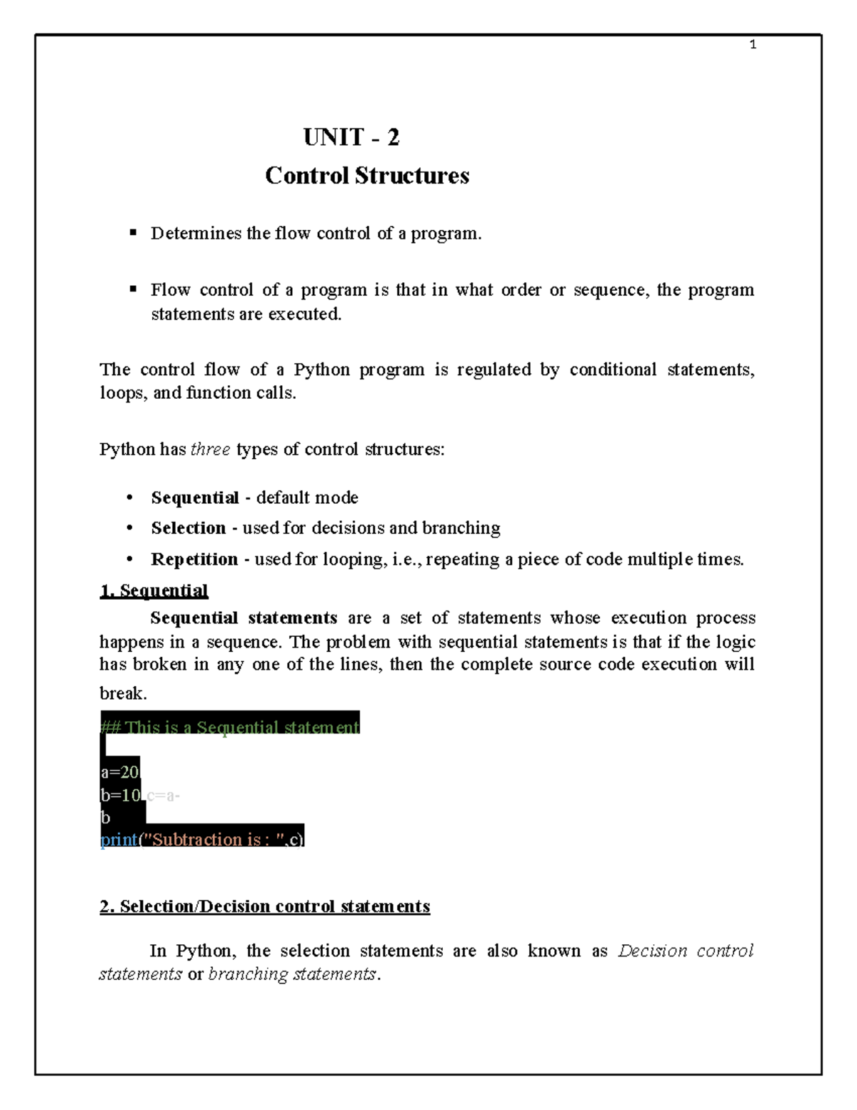 Unit 2 - Control Structures in Python: Flow Control & Lists - Studocu