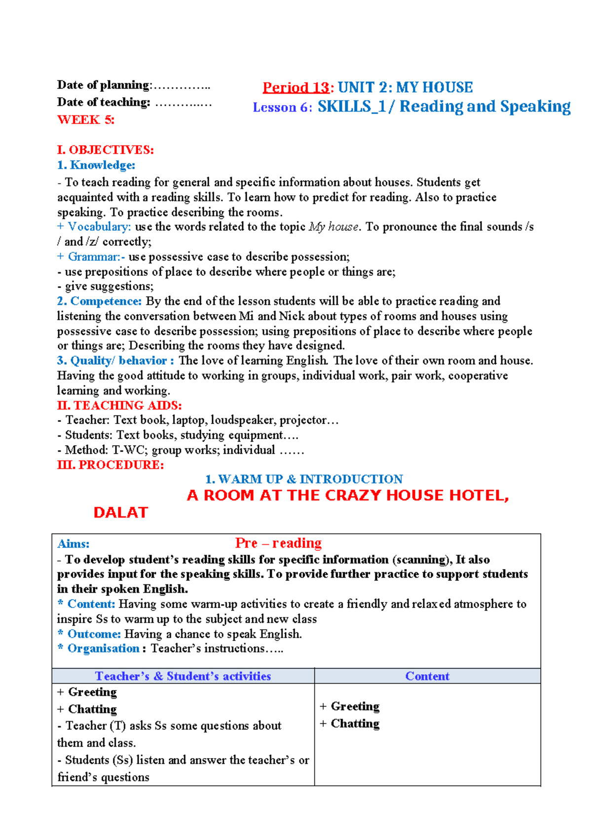 WEEK 5-6: UNIT 2: MY HOUSE - Lesson Plans for Reading, Speaking ...