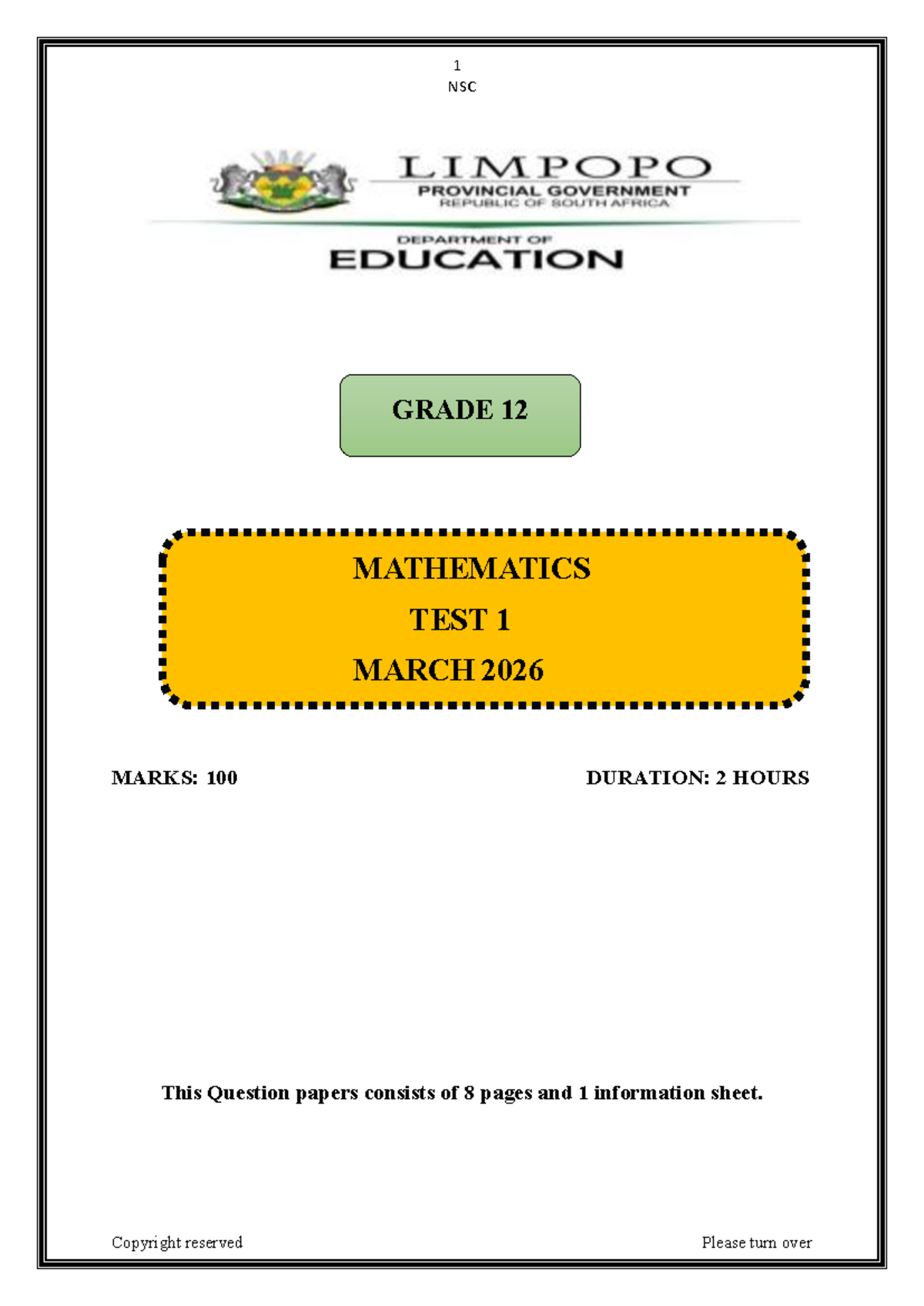 2026 NSC Grade 12 Mathematics Term 1 Test (Final) - Studocu