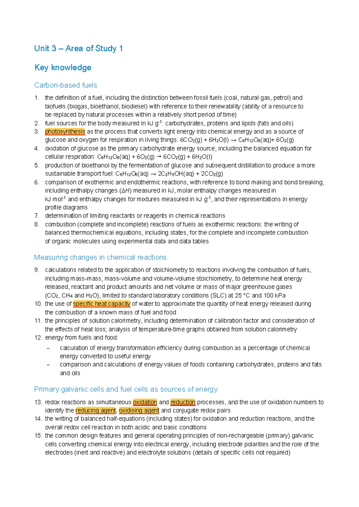 Unit 3 Chemical Reactions, Equilibrium & Electrolysis: Key Concepts ...