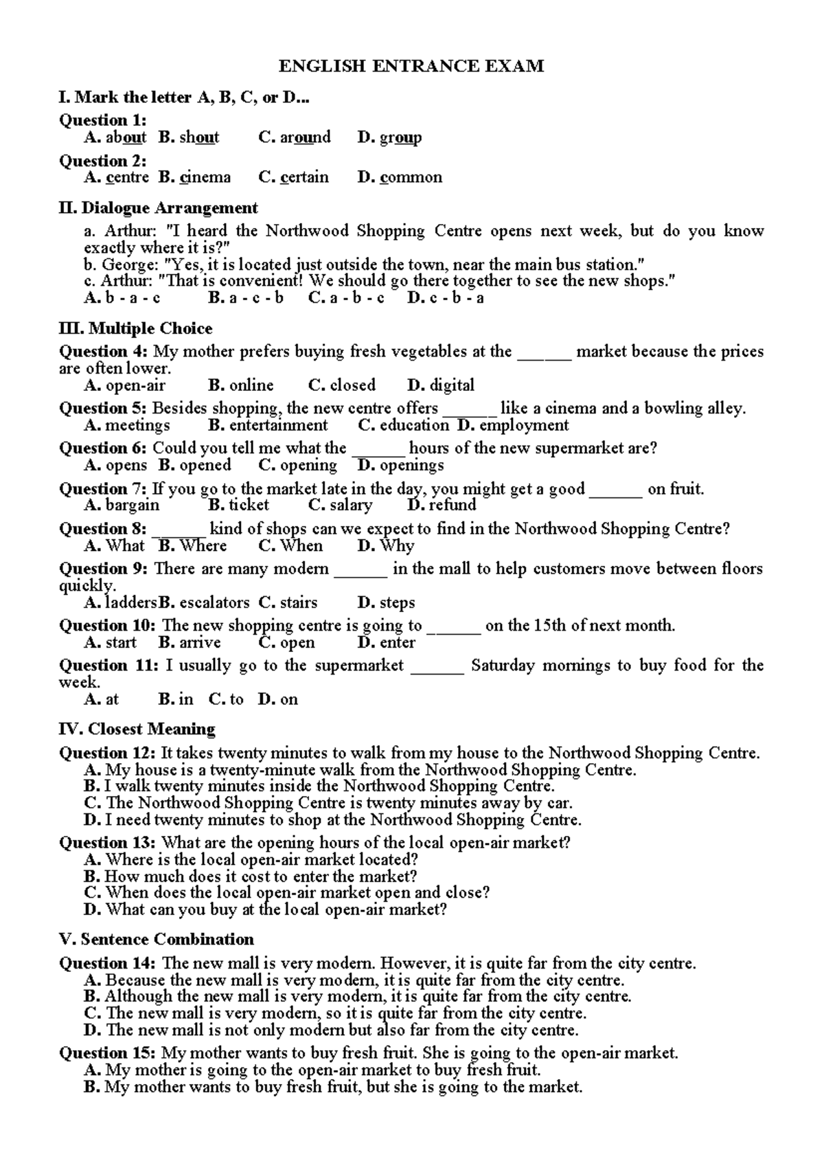 E8 - Unit 8 - Getting Started: English Entrance Exam Questions - Studocu
