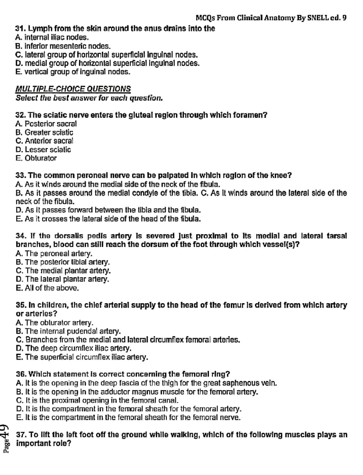 Nursing 389 19 - Dhdhd - MCQs From Clinical Anatomy SNELL ed. 9 31 ...