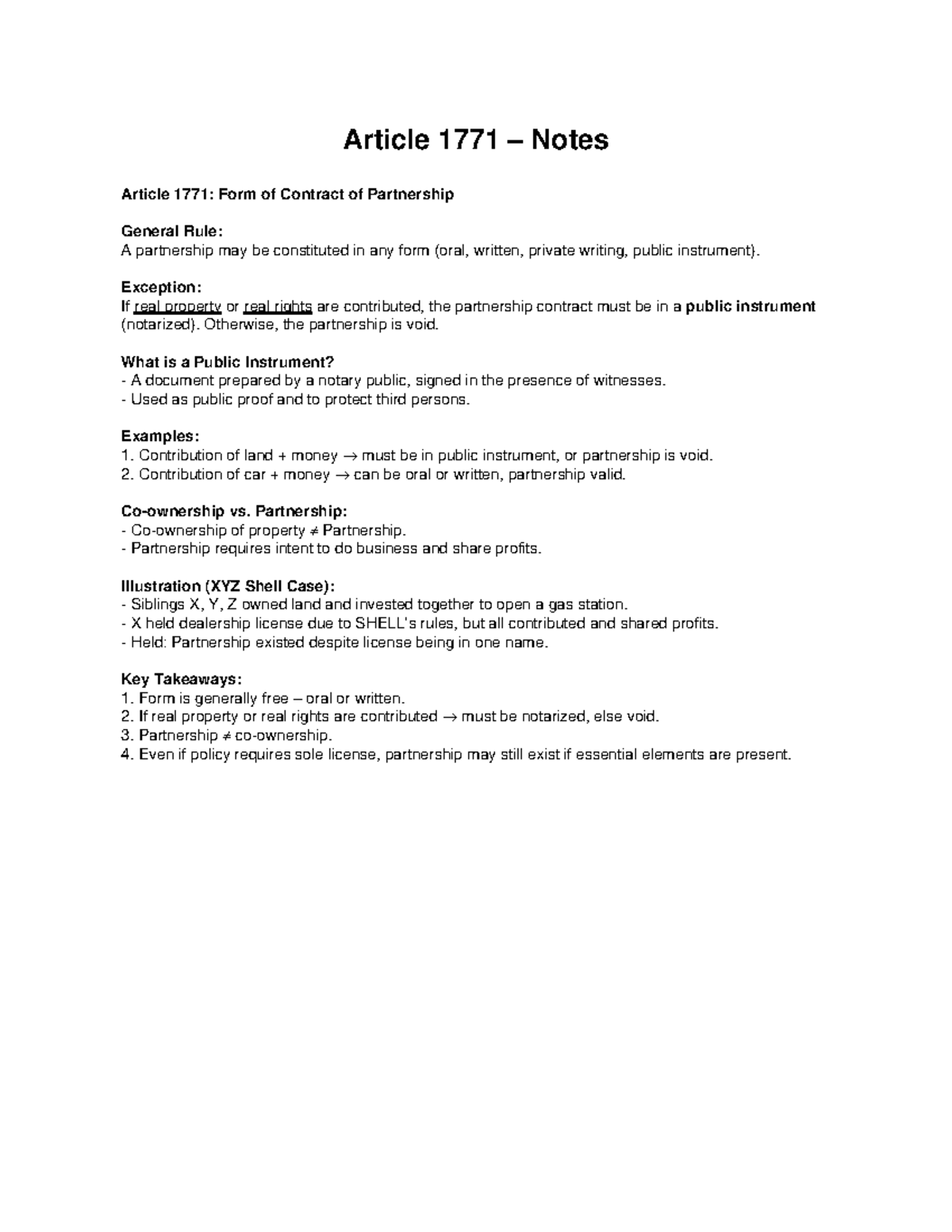 Article 1771 Notes: Form of Partnership Contracts Review - Studocu