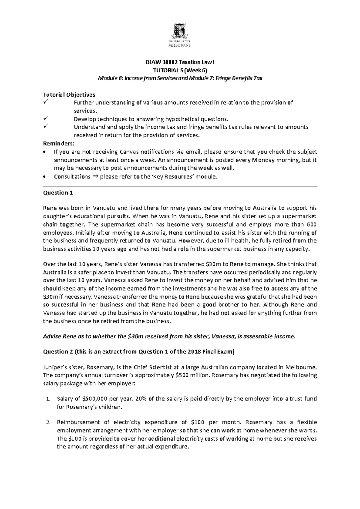BLAW Taxation Law I Tutorial 5: Income from Services & Fringe Benefits ...