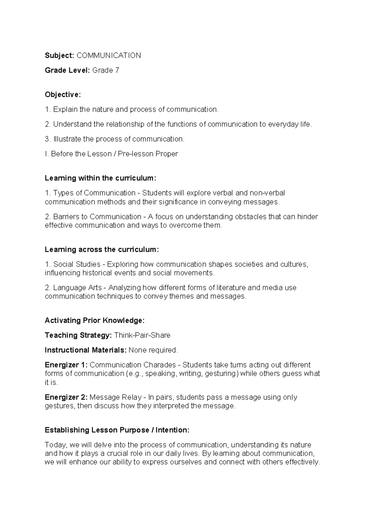 Grade 7 Communication Lesson Plan: Understanding the Process & Barriers ...
