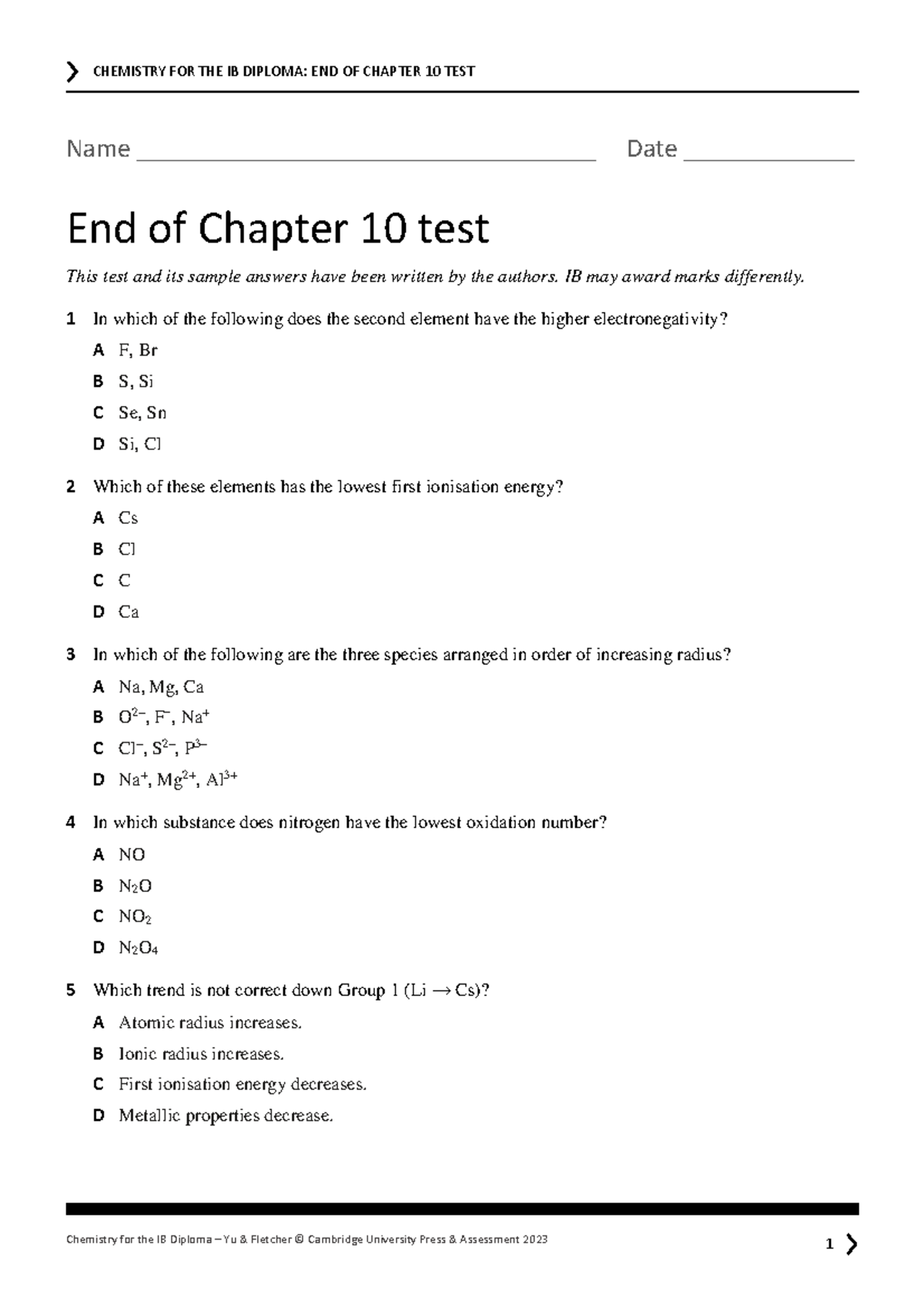 End of Chapter 10 Test - Chemistry for IB Diploma (Cambridge) - Studocu