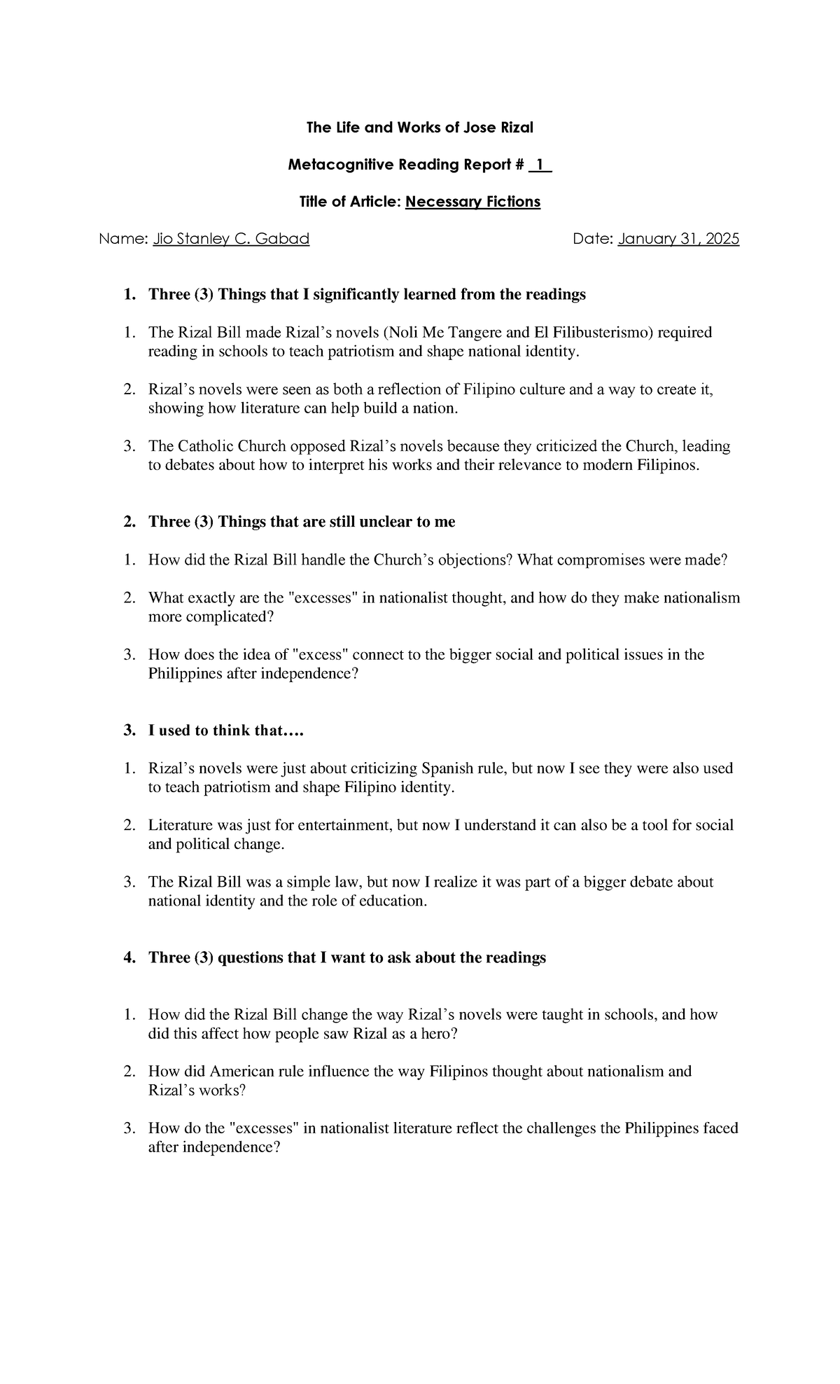 Metacognitive Reading Report #1: Insights on Rizal's Impact and Legacy ...