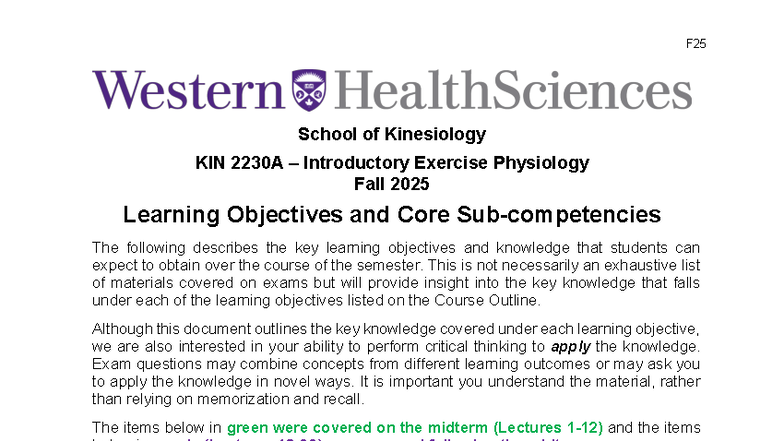 KIN 2230A Introductory Exercise Physiology Fall 2025 Core Competencies ...