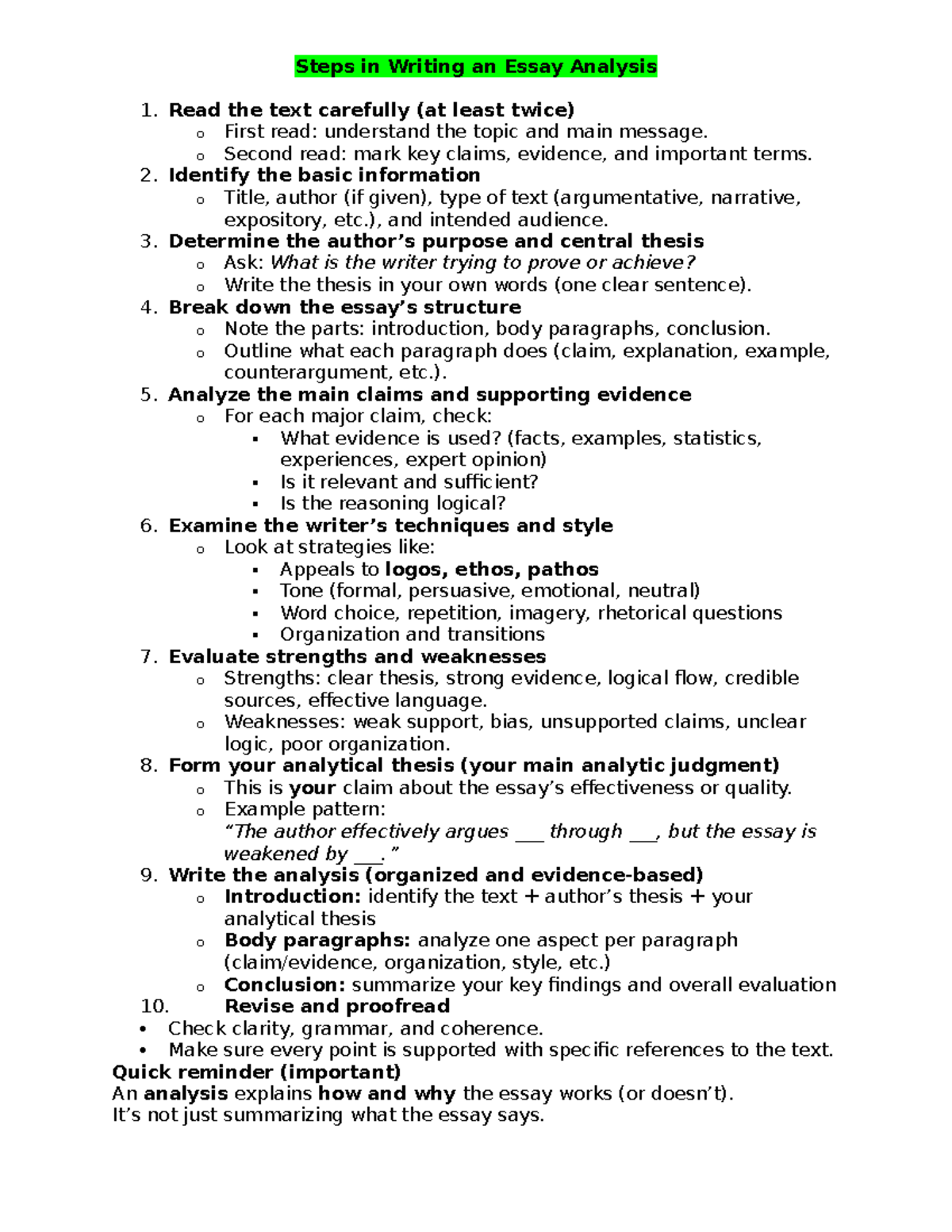 ENG101: Steps for Crafting an Effective Essay Analysis - Studocu