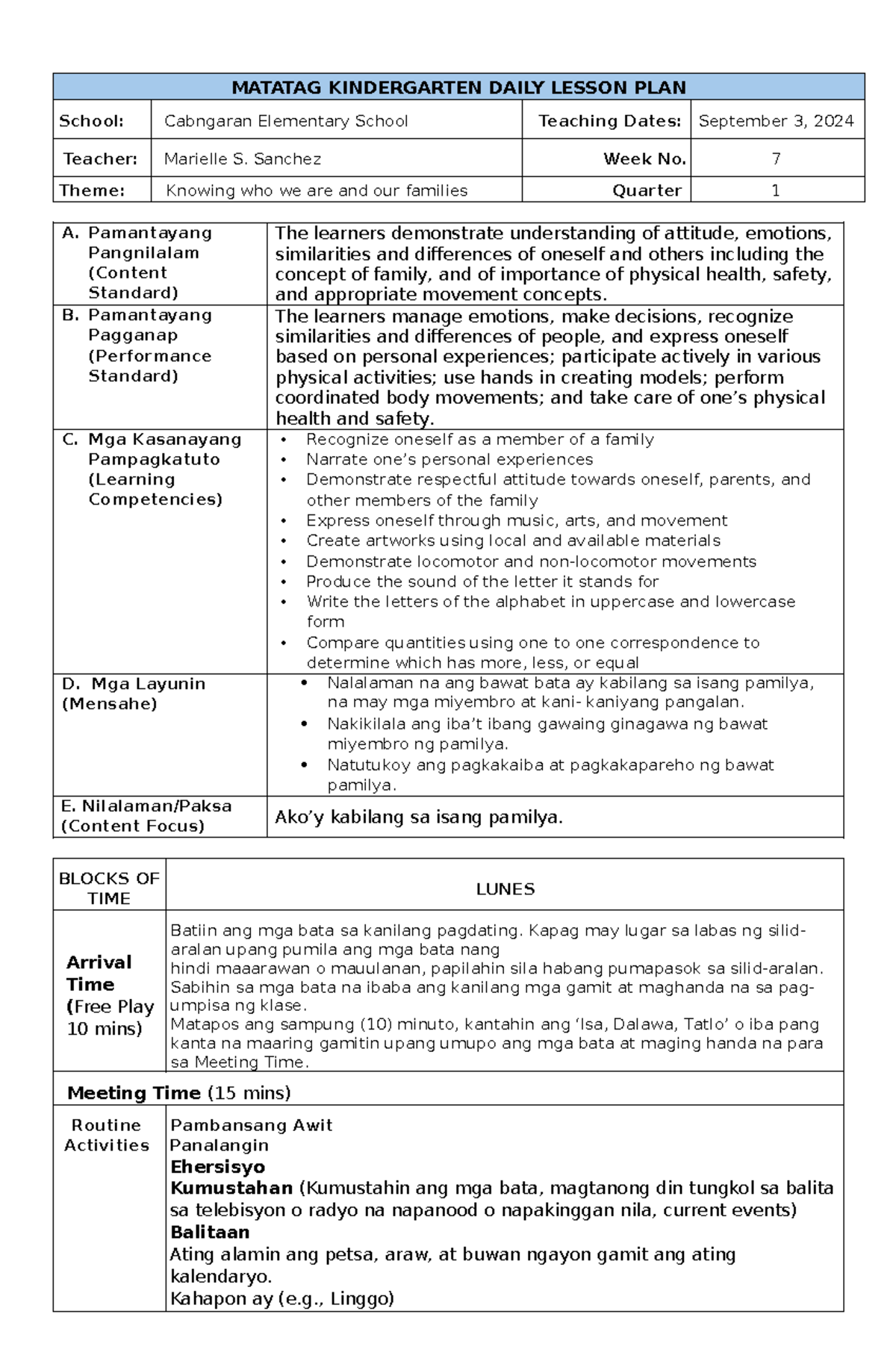 MATATAG K-Grade Daily Lesson Plan Q1 W7: Knowing Our Families - Studocu