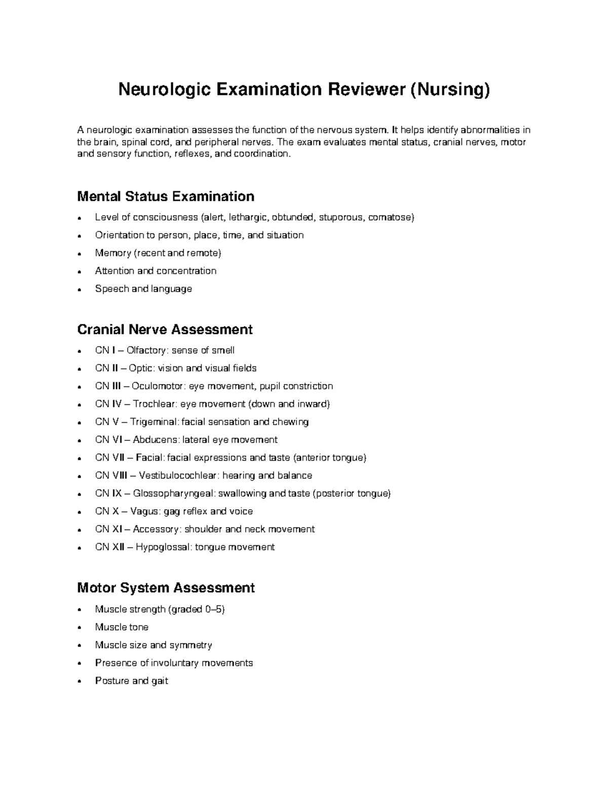 Neurologic Examination Review (NURS 101) - Key Assessment Points - Studocu