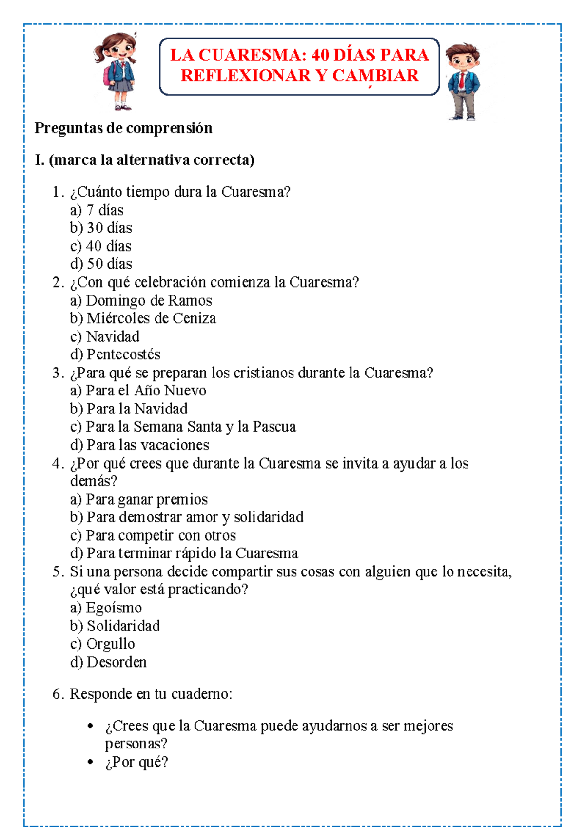 DIA02 - Martes: Preguntas de Comprensión sobre la Cuaresma - Studocu