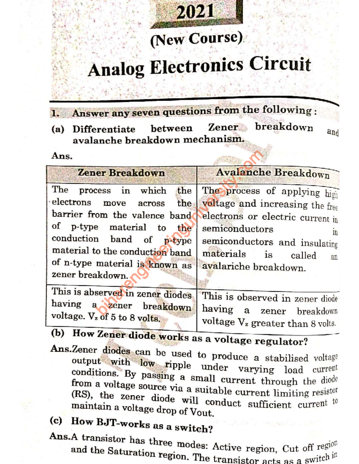 Analog Electronics Circuit 1: PYQ Solutions for 2021 Exam - Studocu