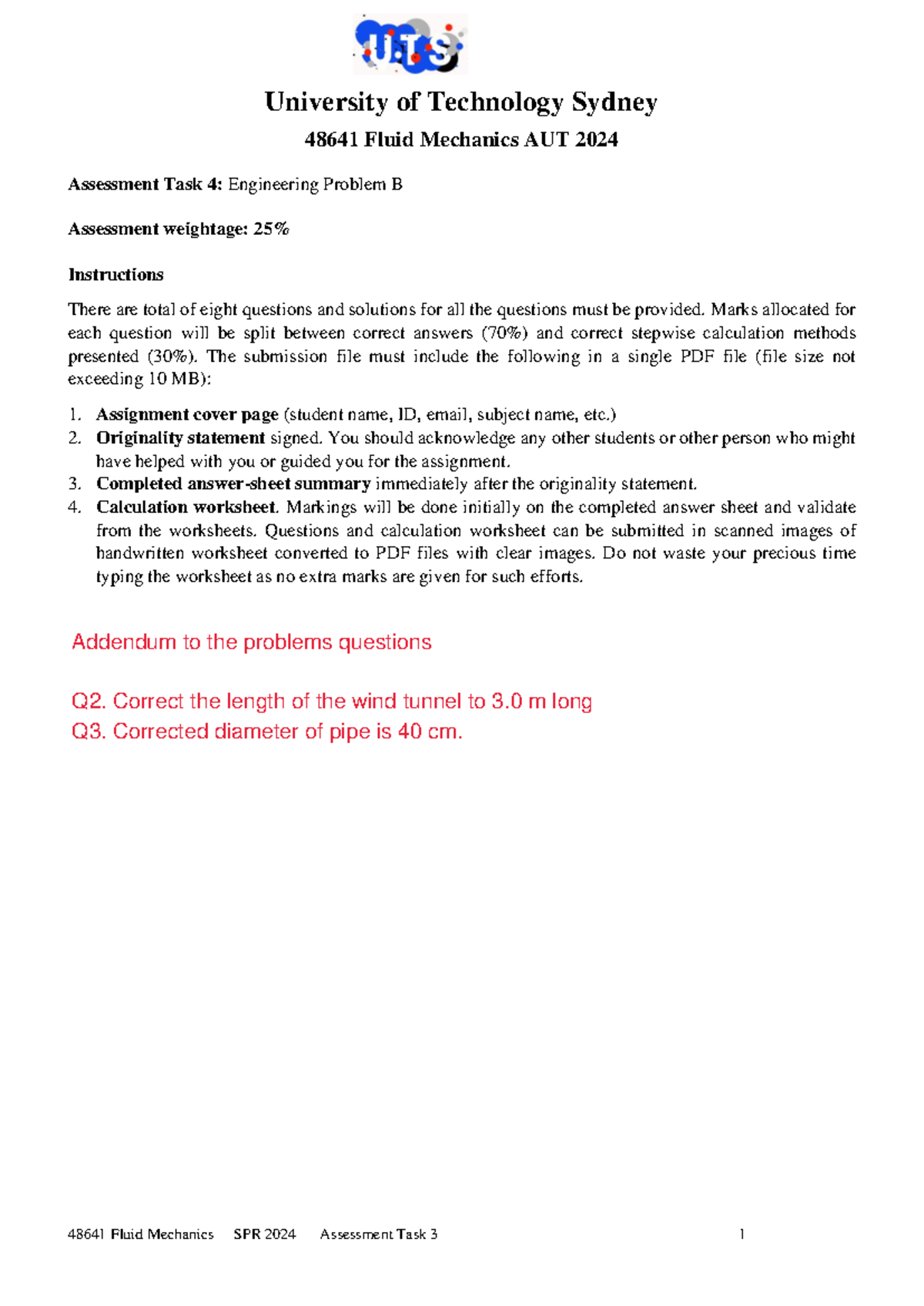 48641 Fluid Mechanics AUT 2024 Assessment Task 4: Problem Solutions - Studocu