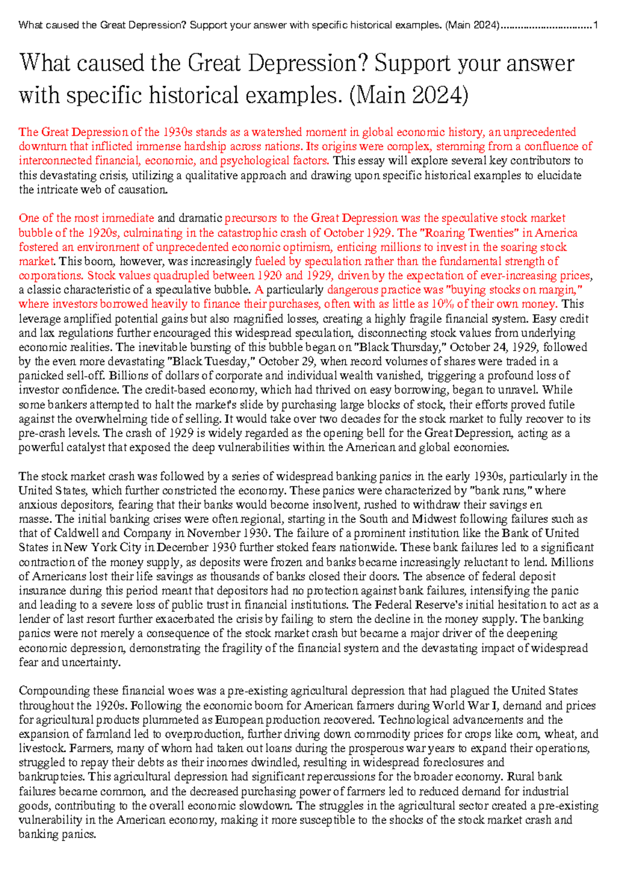 EC2199 Essay Practice: Analyzing Causes of the Great Depression - Studocu