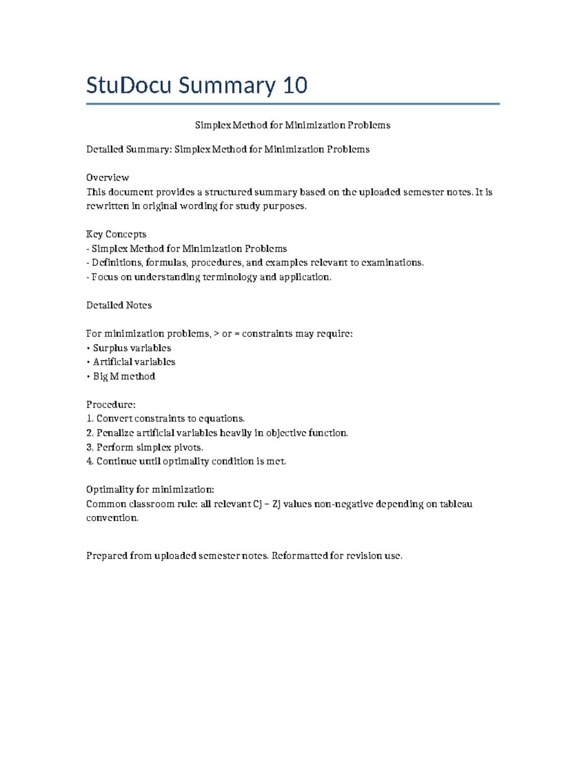 Cmpg312 Final Exam Summary: Simplex Method for Minimization - Studocu