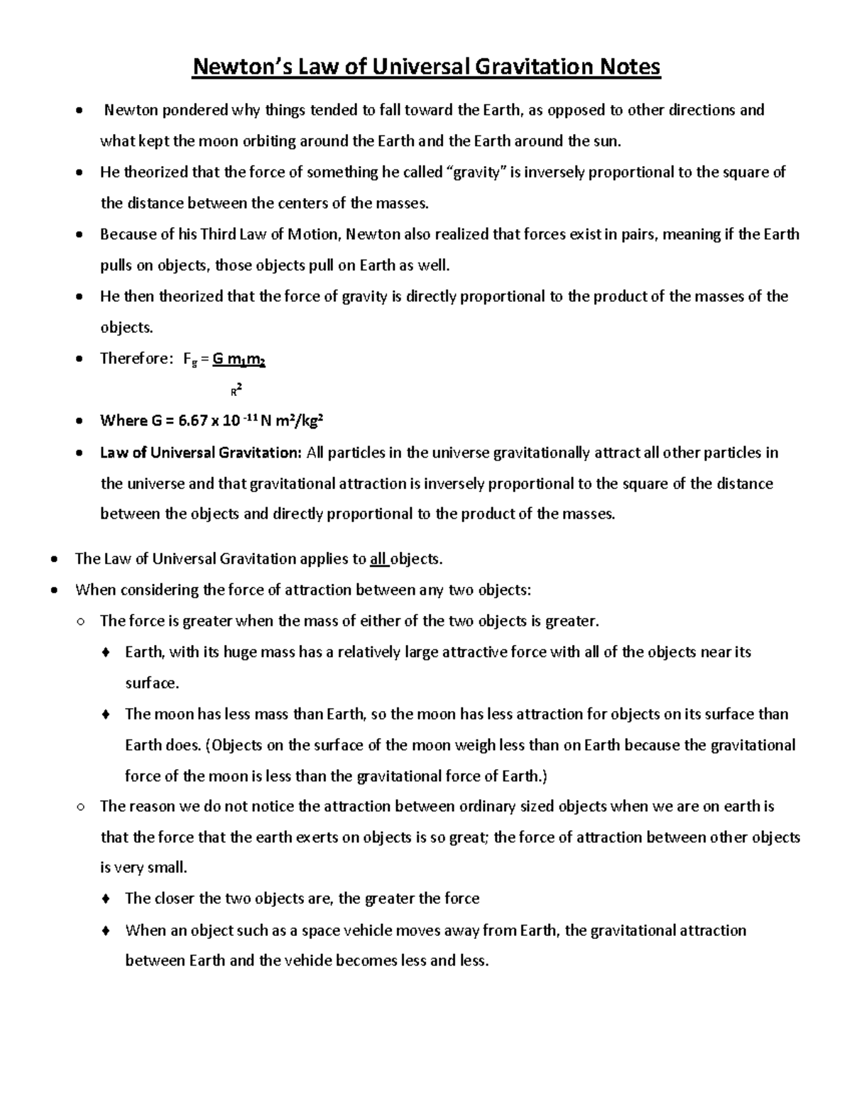 PHY101: Newton’s Law of Universal Gravitation Notes - Studocu