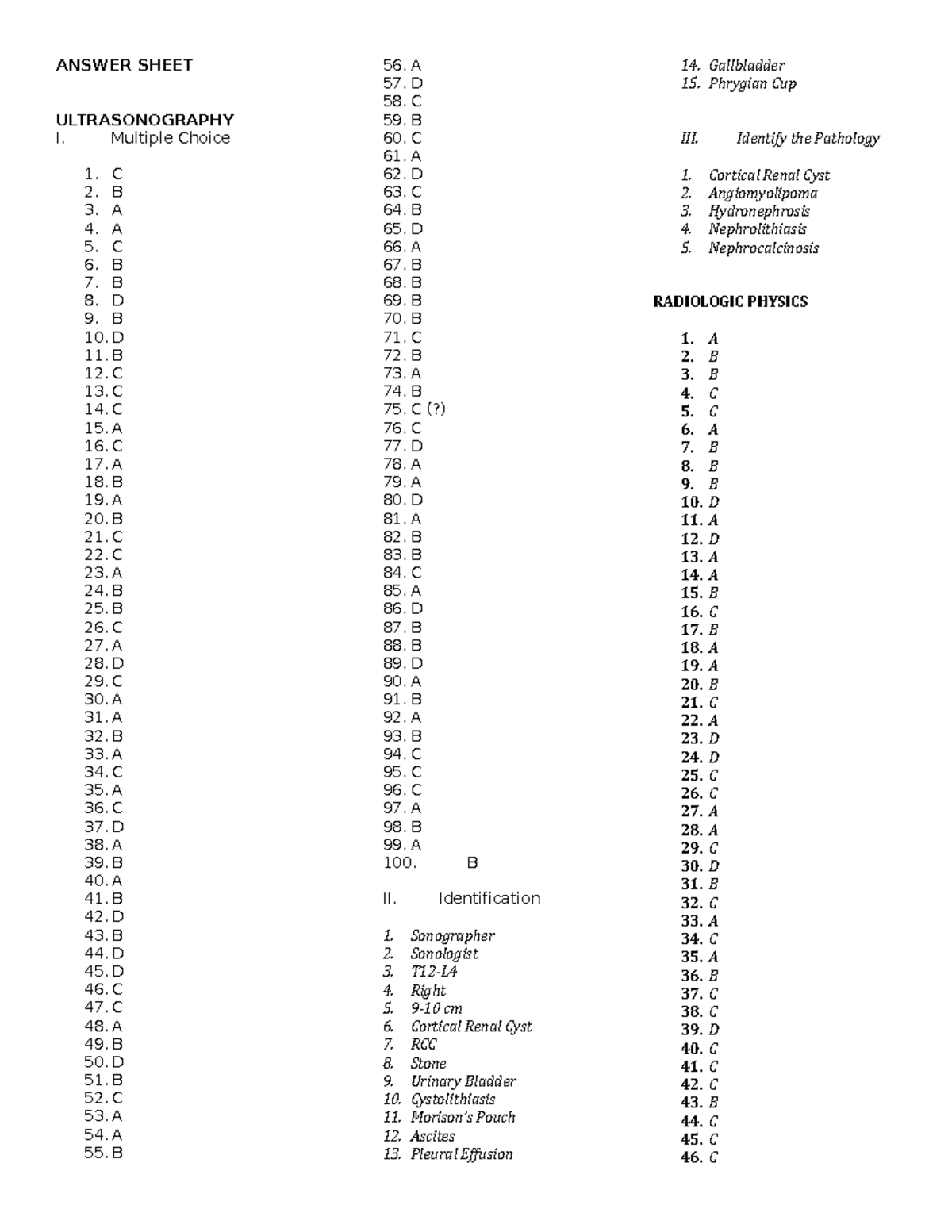 Answer Sheet - ANSWER SHEET ULTRASONOGRAPHY I. Multiple Choice C B A A ...