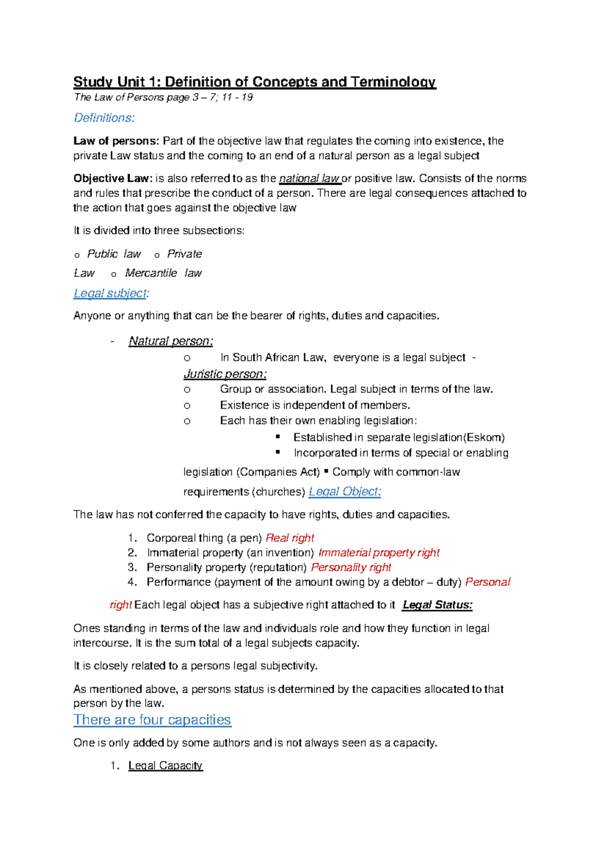 Private law notes - Study Unit 1: Definition of Concepts and ...