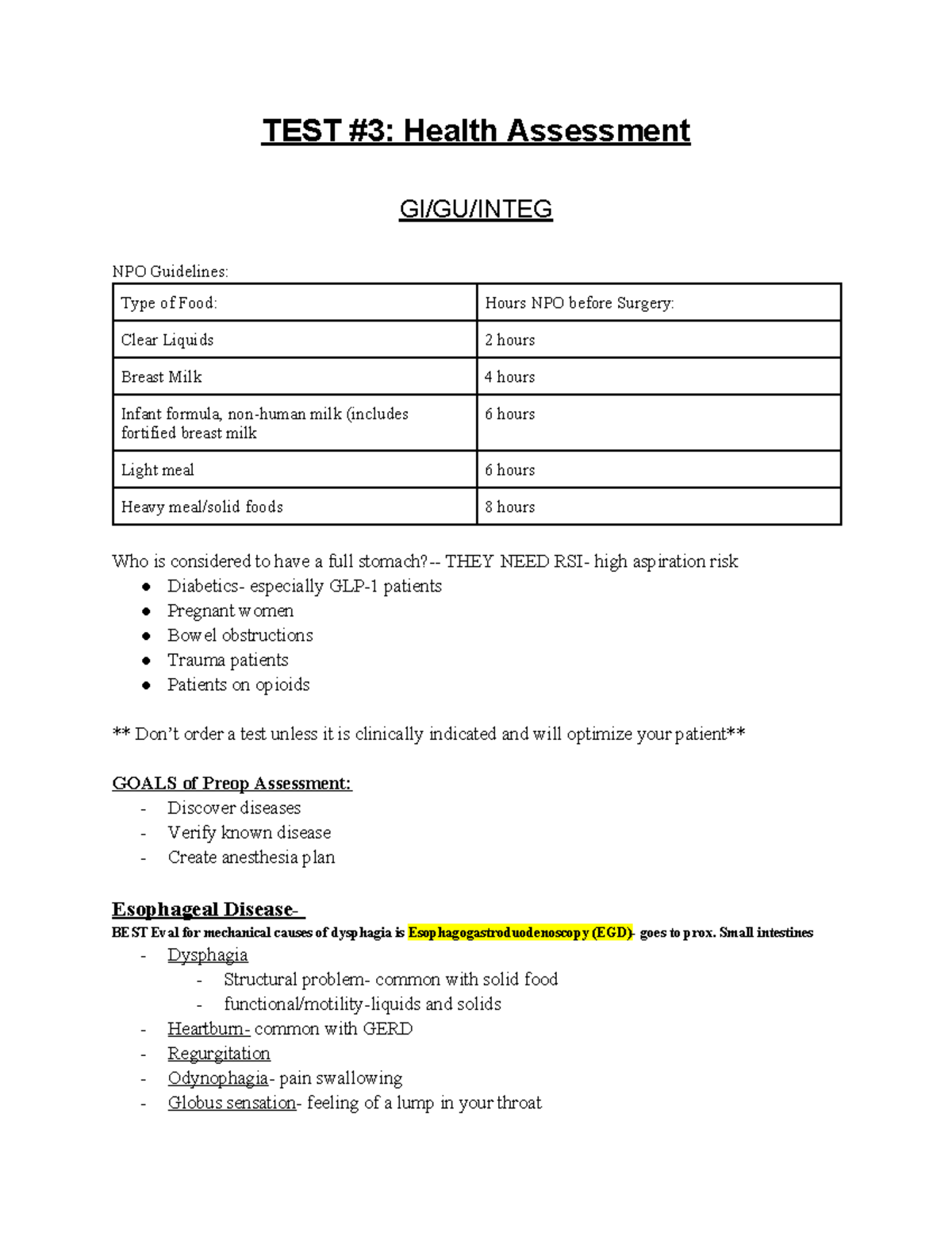 Advanced Anesthesia Techniques: Health Assessment NPO Guidelines - Studocu