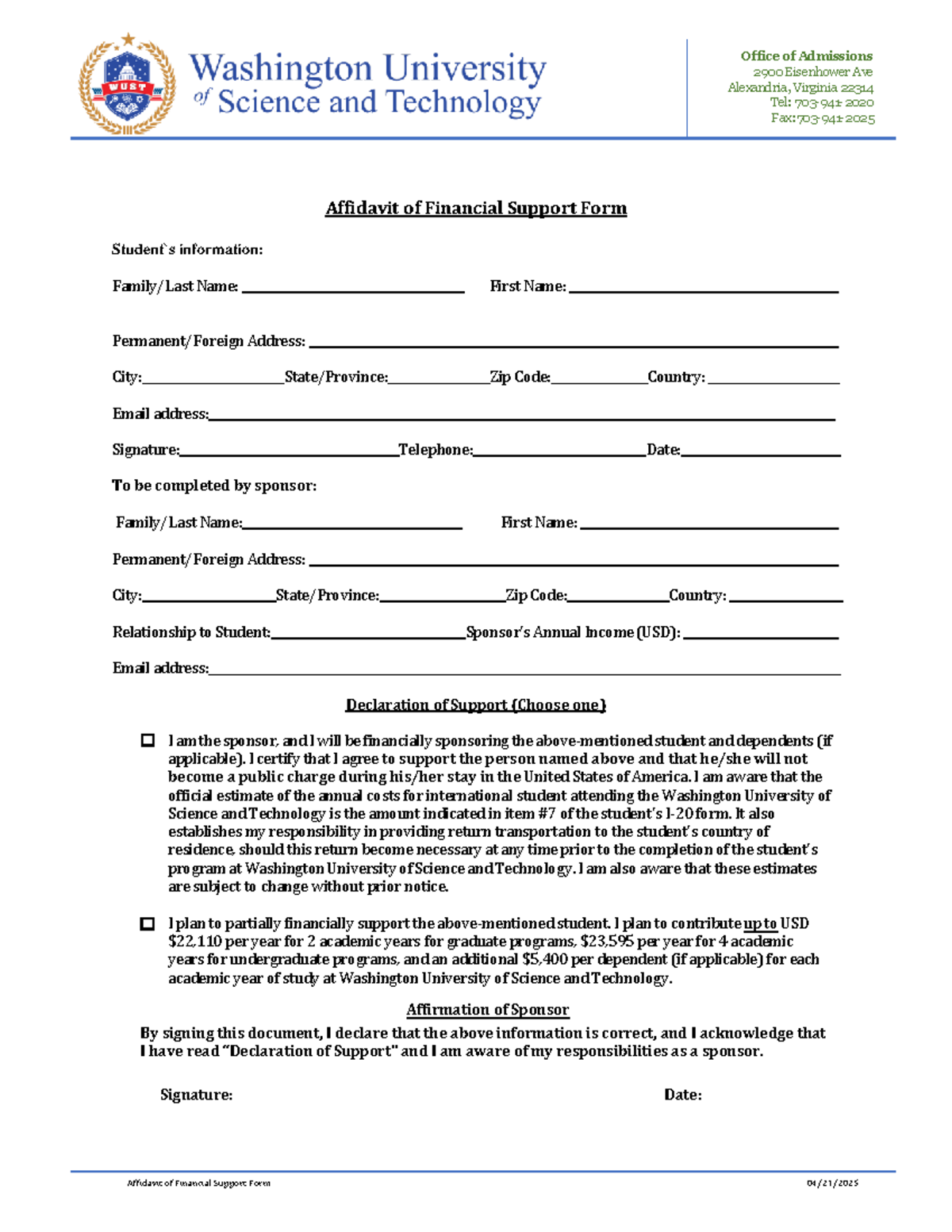 Affidavit of Financial Support Form - Washington University - Studocu