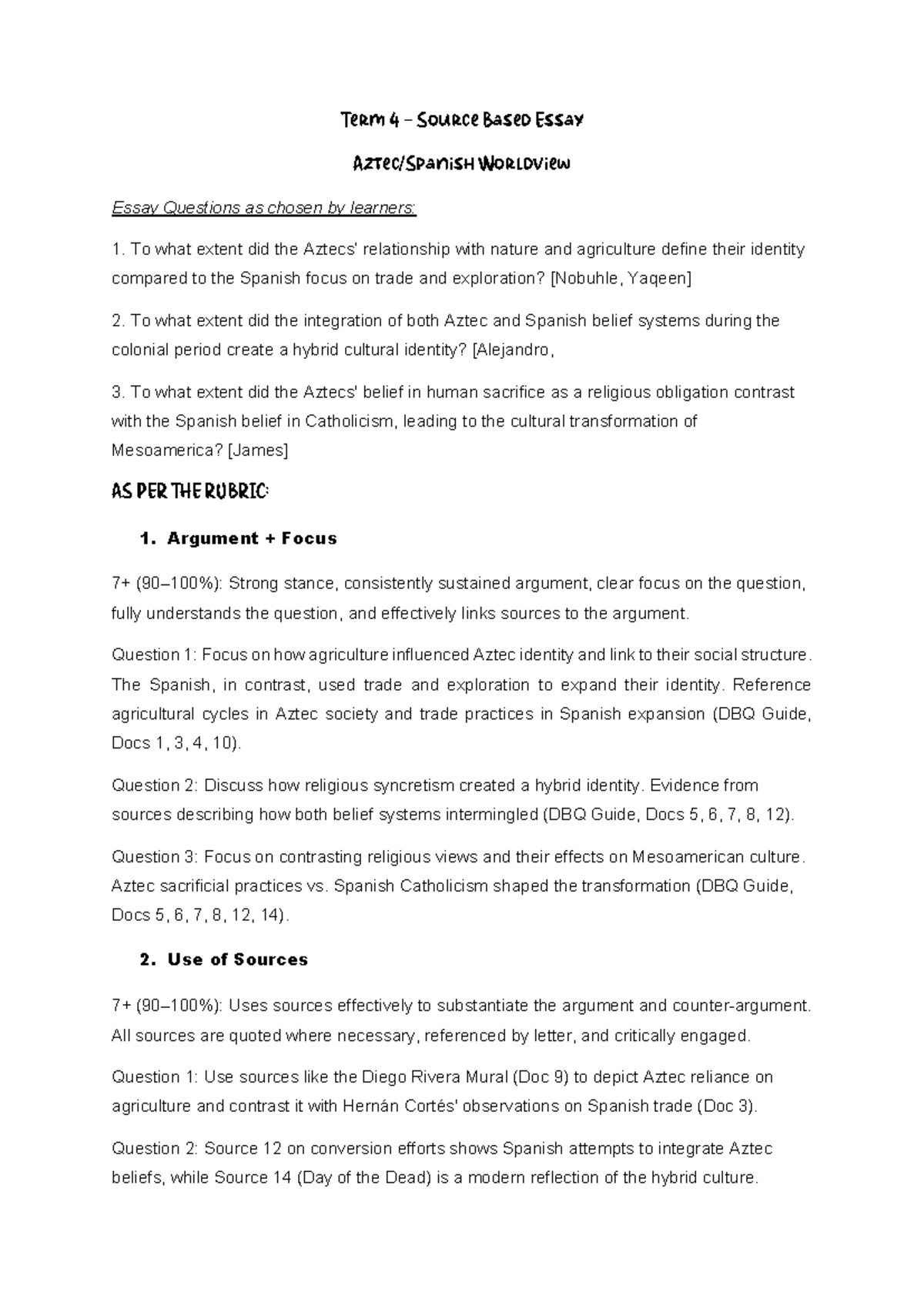 Term 4 Source Based Essay: Aztec vs. Spanish Worldview Analysis - Studocu