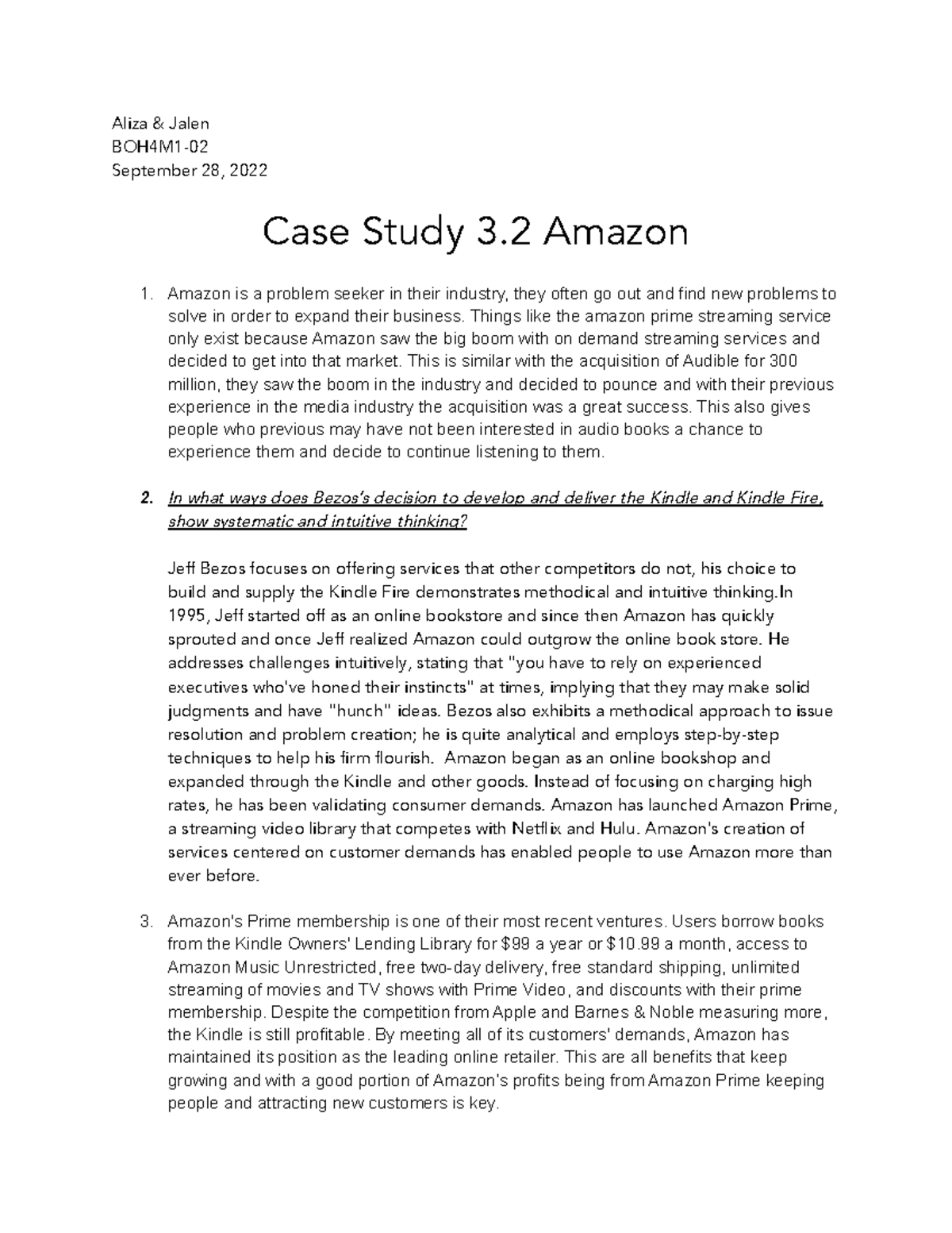 Case Study 3.2 Amazon - Aliza & Jalen BOH4M1- September 28, 2022 Case ...