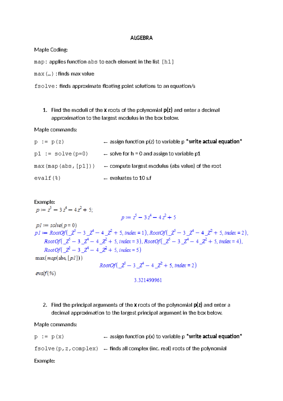 ALGEBRA Maple Coding: Functions, Roots, and Arguments in Polynomials ...