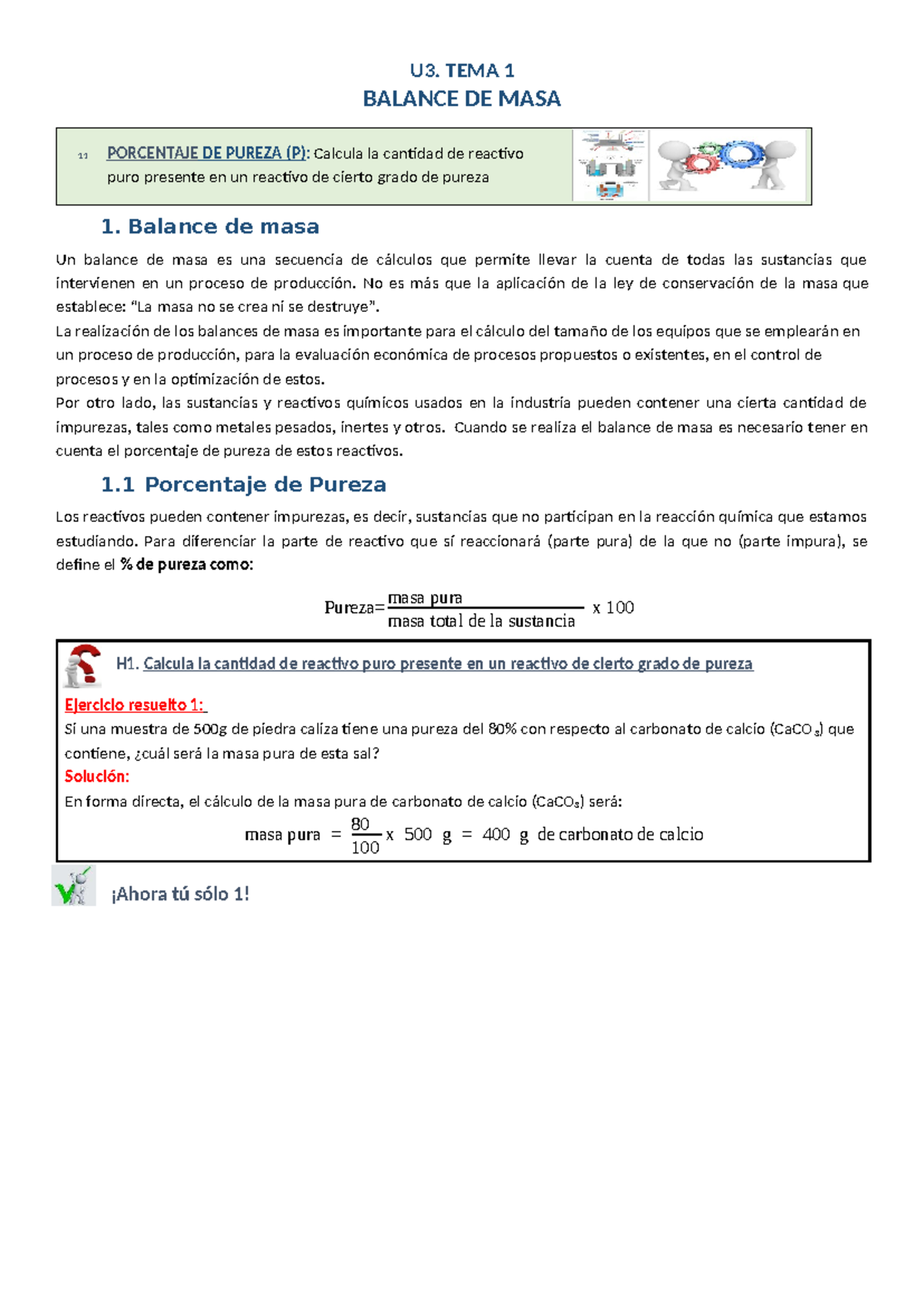 U3. TEMA 1: Balance de Masa y Porcentaje de Pureza en Reactivos - Studocu