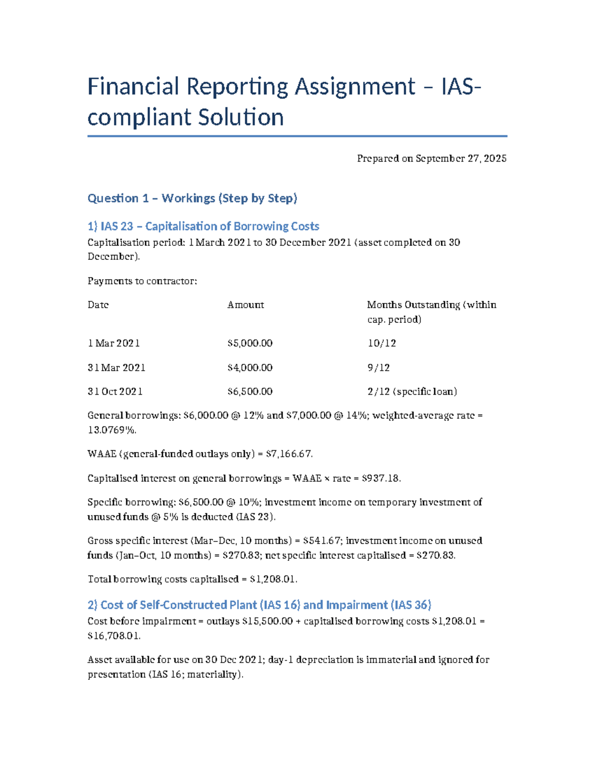 FR Assignment Solution: IAS Compliant Analysis and Workings - Studocu