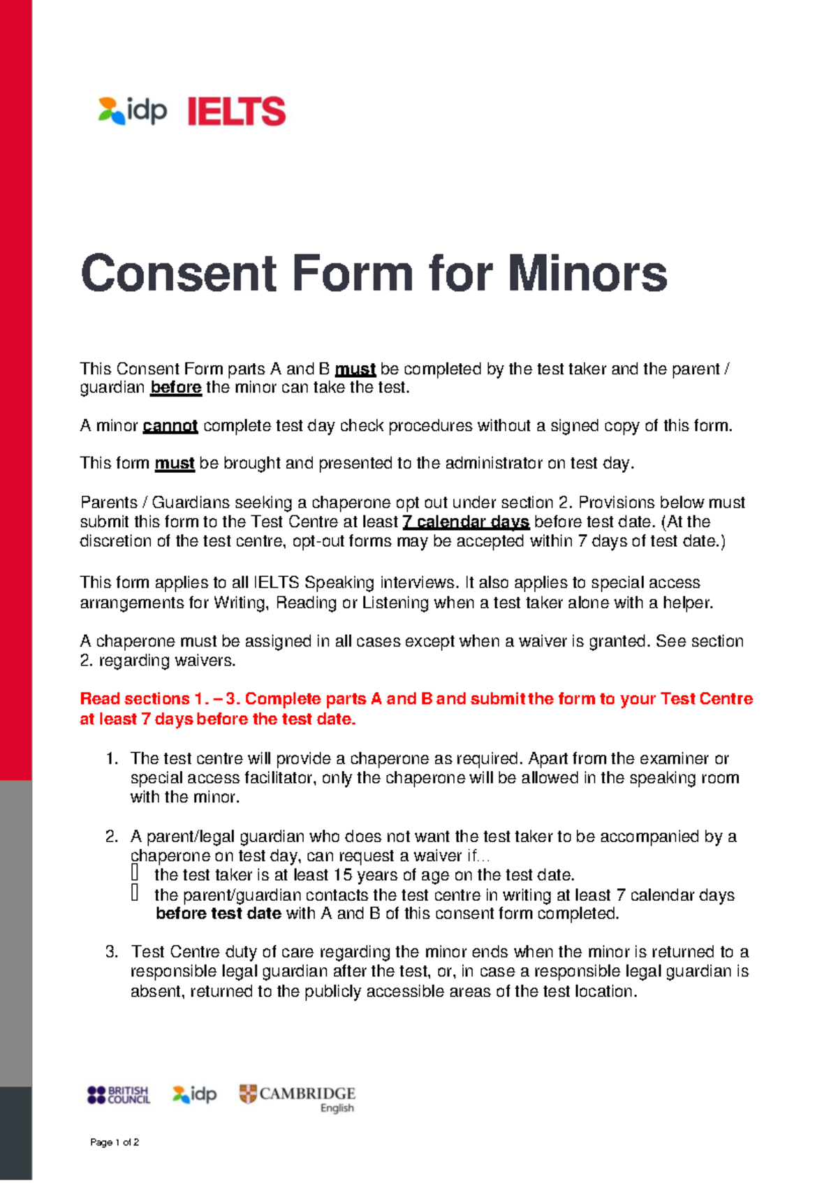 IELTS Consent Form for Minors: Parts A & B Instructions - Studocu