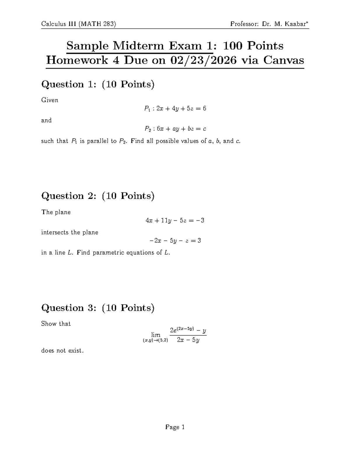 Sample Midterm Exam 1 for MATH 283: Calculus Questions and Solutions ...
