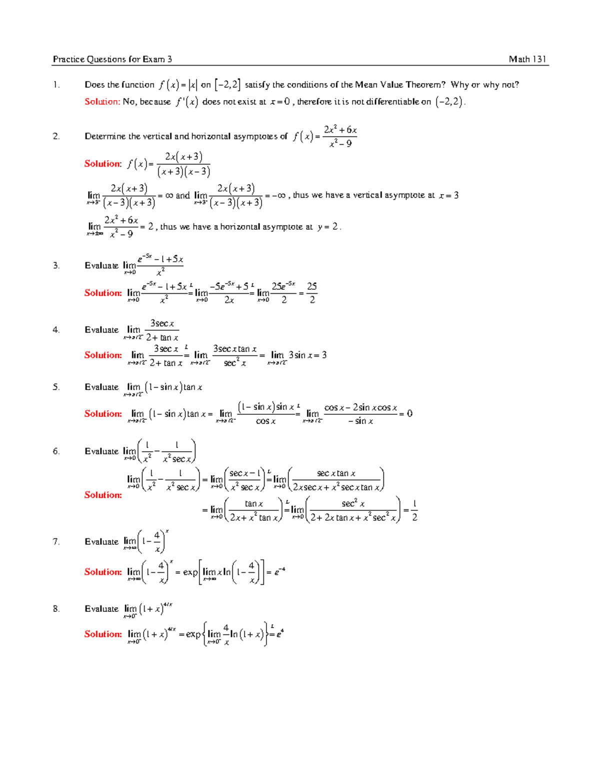 Exam 3 Practice Review Questions with Solutions for Calculus 1 MATH ...