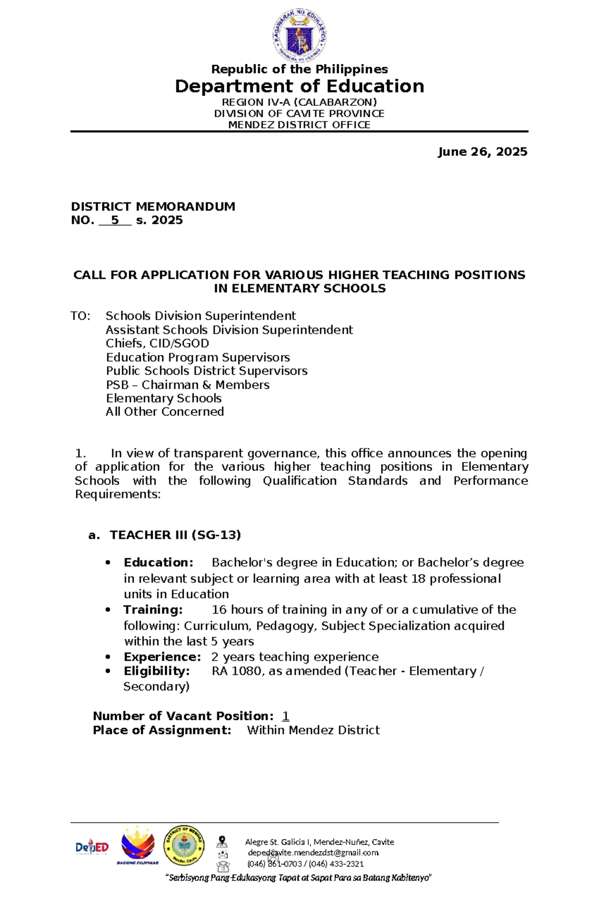 District Memo No. 5 s. 2025: Call for Higher Teaching Positions - Studocu