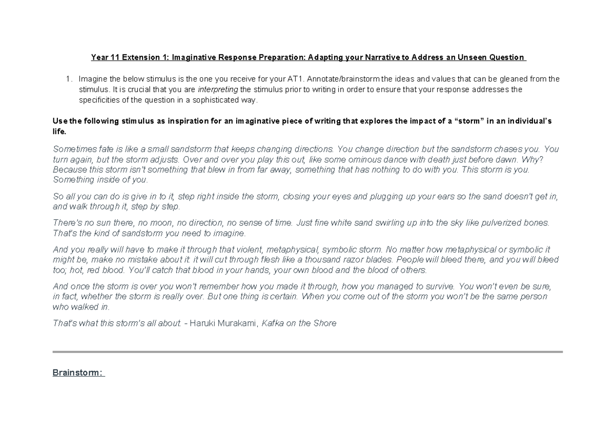 Year 11 Ext 1: Imaginative Response Prep - Adapting Narratives to ...
