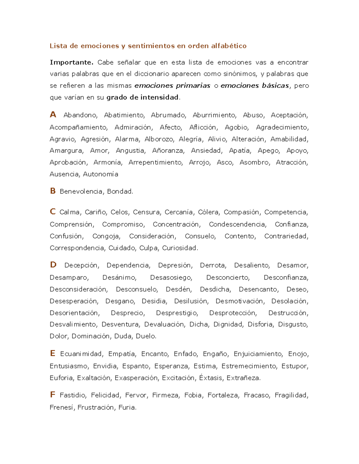 Lista Alfabética de Emociones y Sentimientos en Español - Studocu