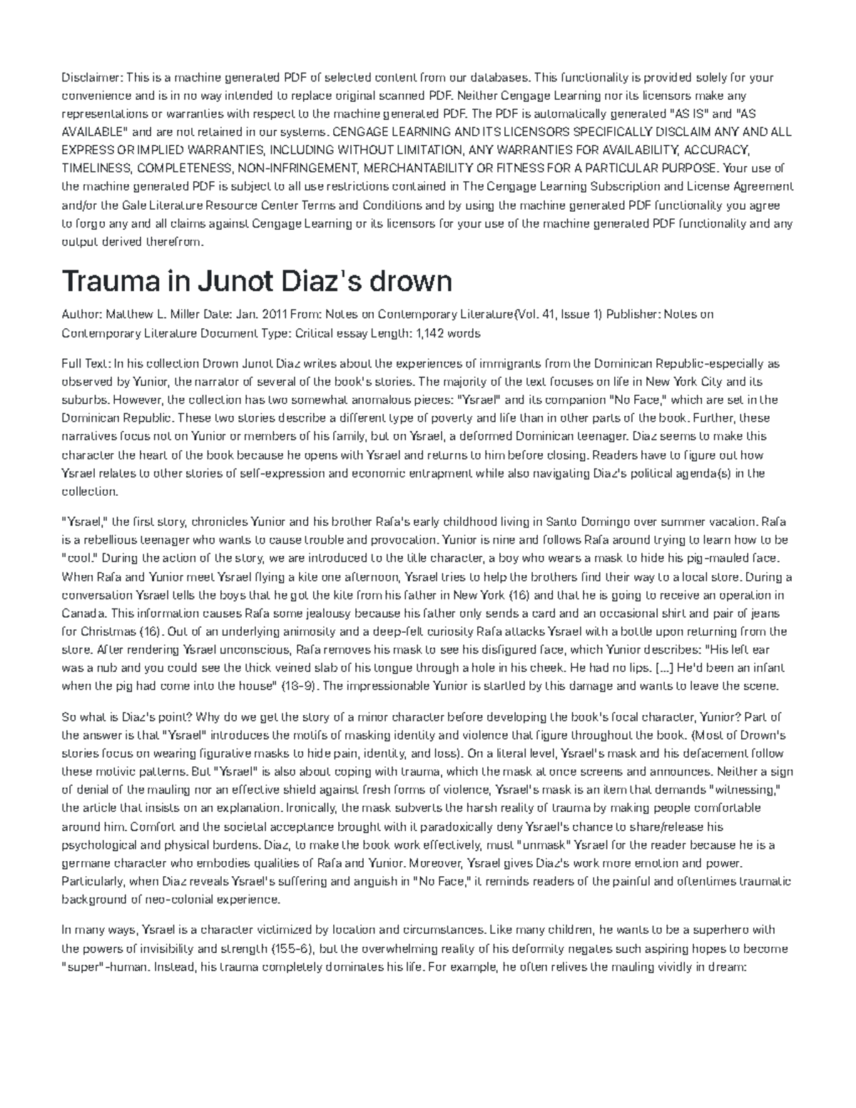 Trauma in Junot Diaz's drown - Disclaimer: This is a machine generated ...