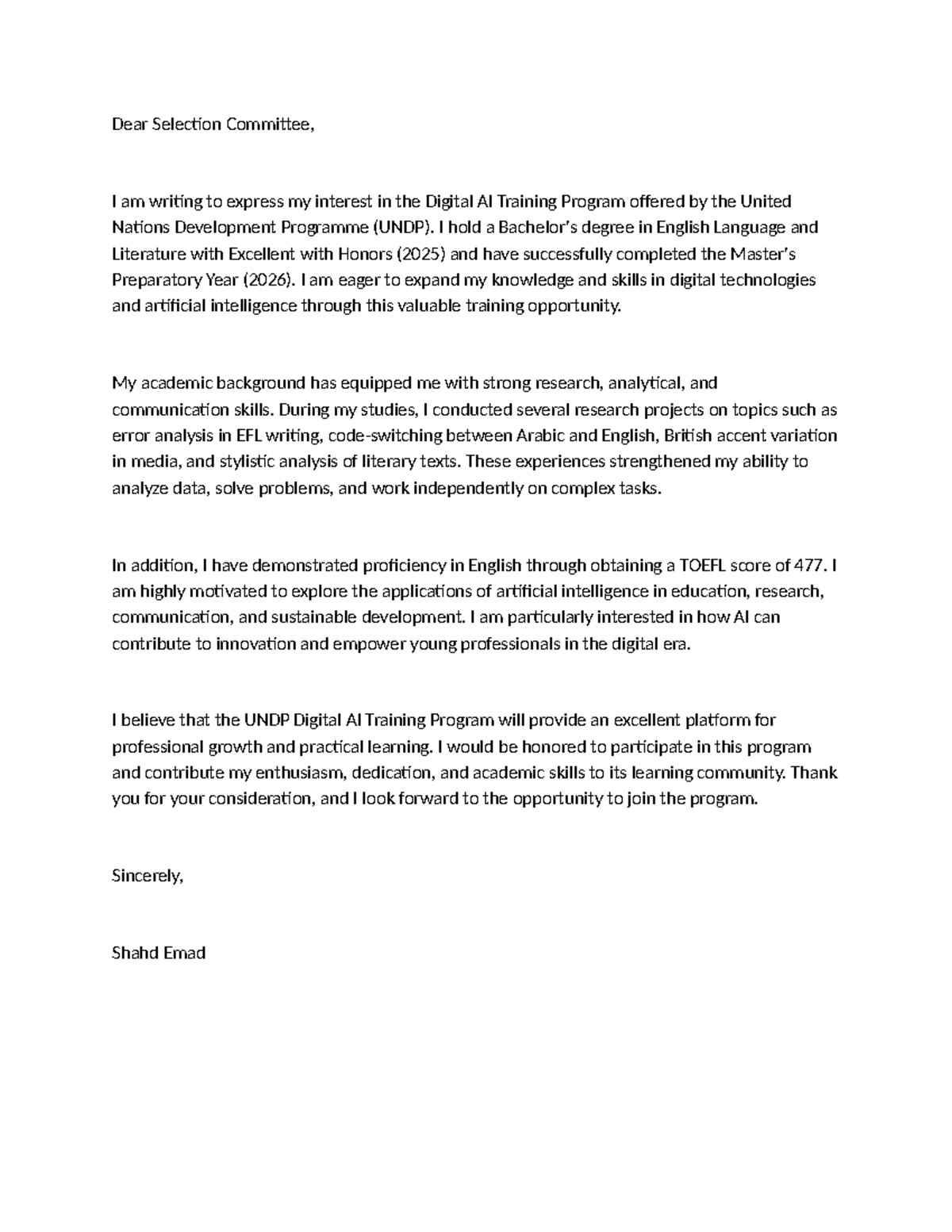 Cover Letter for UNDP Digital AI Training Program Application - Studocu