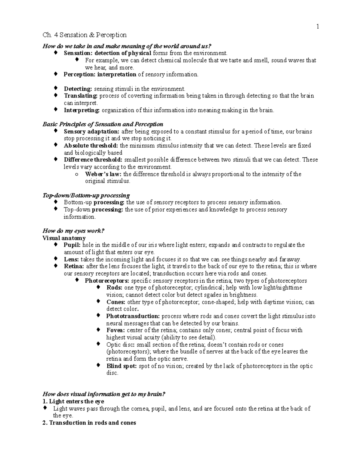 Ch. 4 Sensation & Perception Lecture Notes: Understanding Our Senses ...