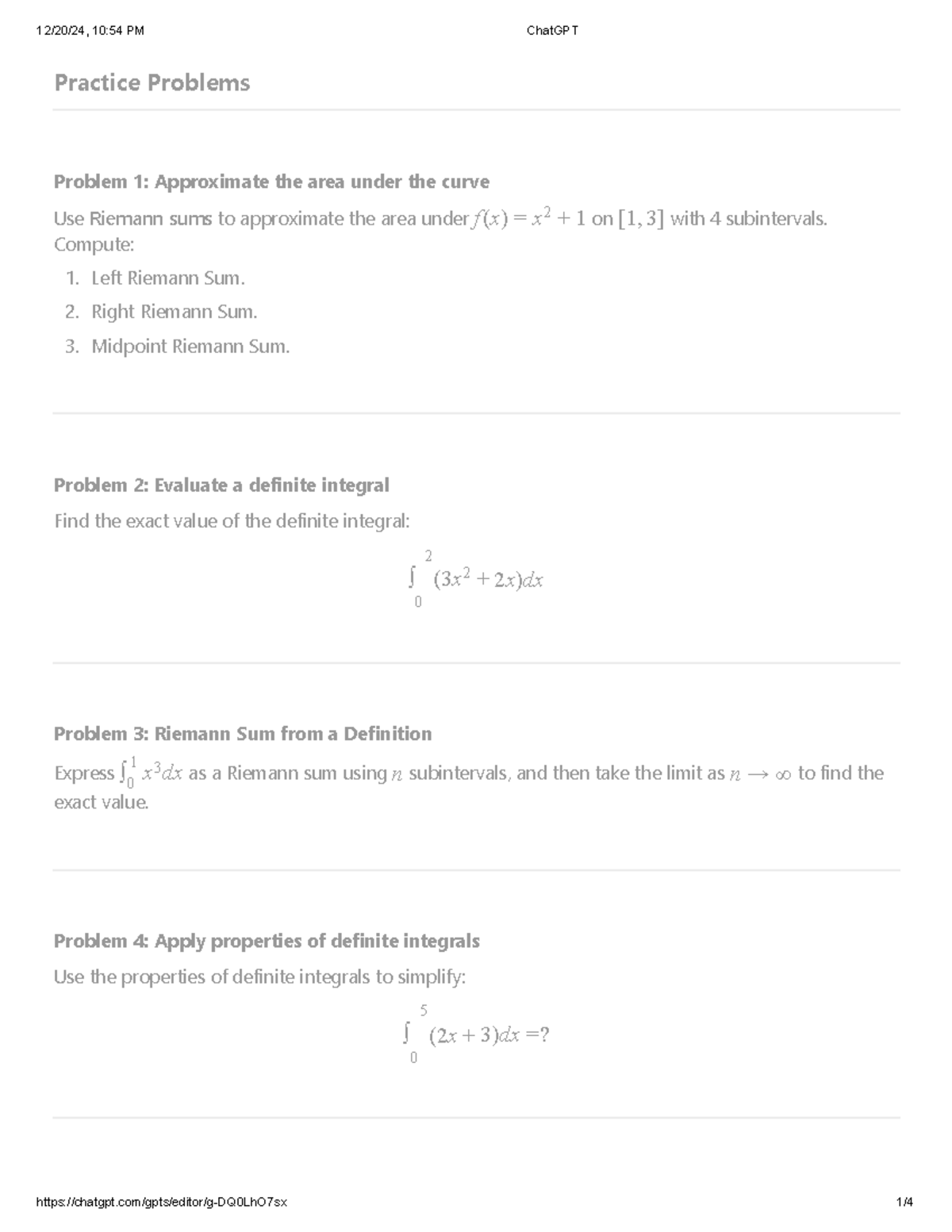 Day 1 Practice Problems: Riemann Sums & Definite Integrals - Studocu