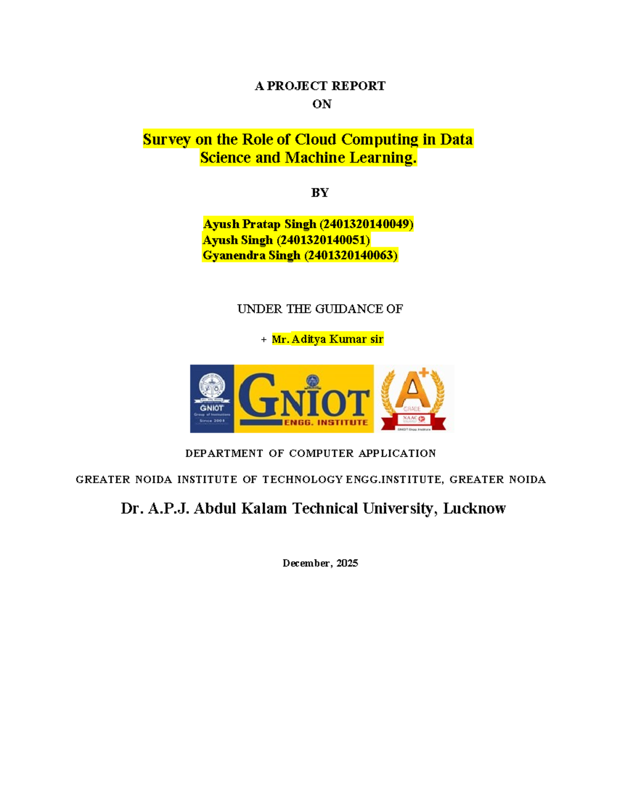 Mini Project Report - SYNOPSIS on Cloud Computing in Data Science and ...