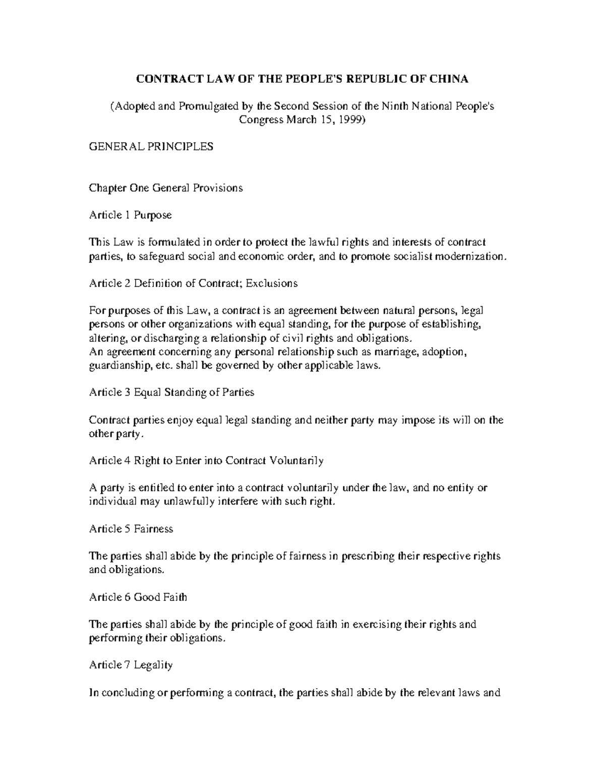 CONTRACT LAW OF THE REPUBLIC OF CHINA: General Principles & Provisions ...