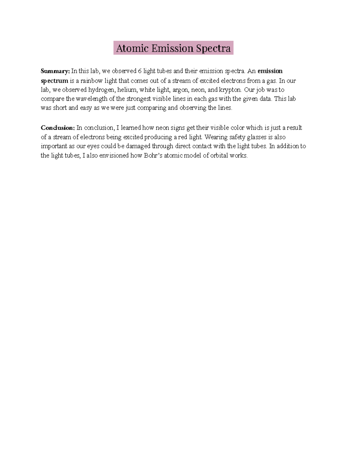 Atomic Emission Spectra Lab Summary And Conclusion Studocu