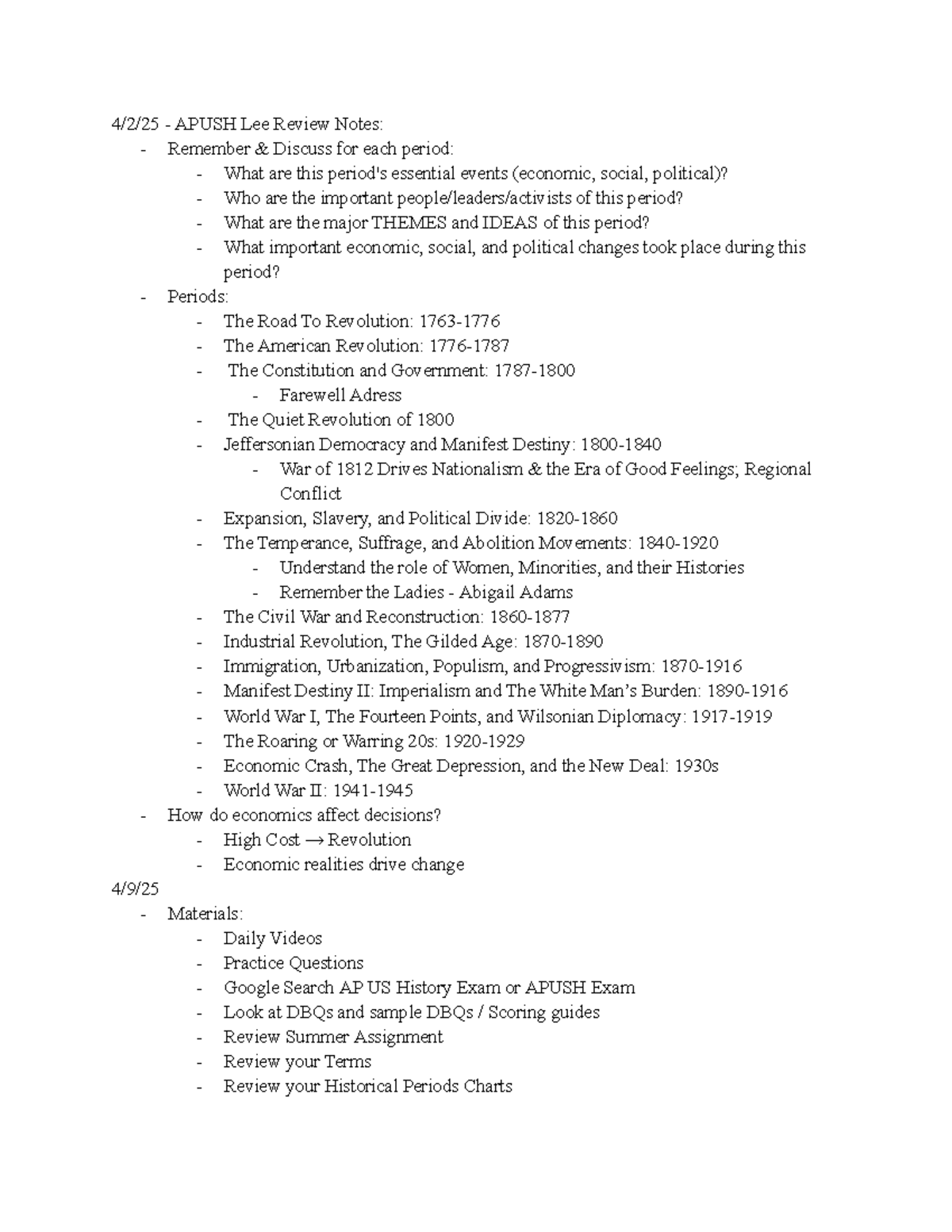 APUSH Review Notes: Key Events, Themes, and Changes in U.S. History ...