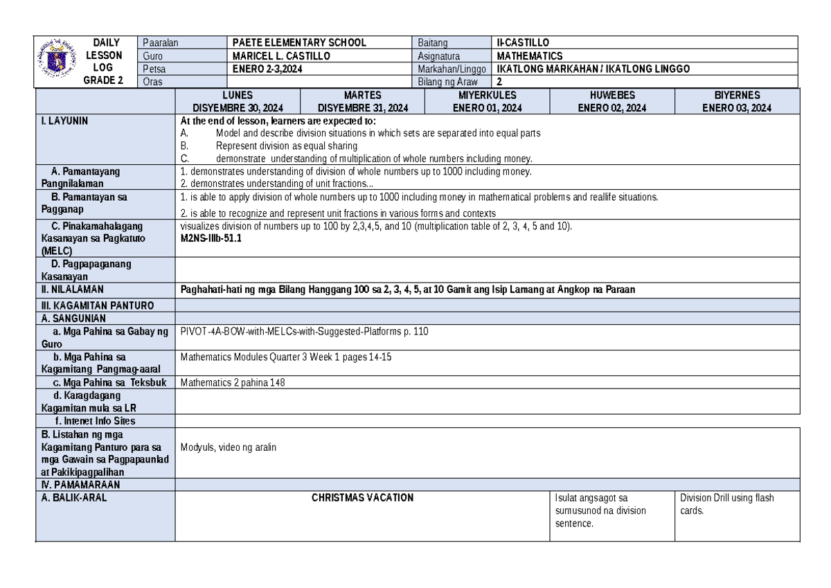 DLL - Mathematics Q3 Week 3 Lesson Plan and Activities - Studocu