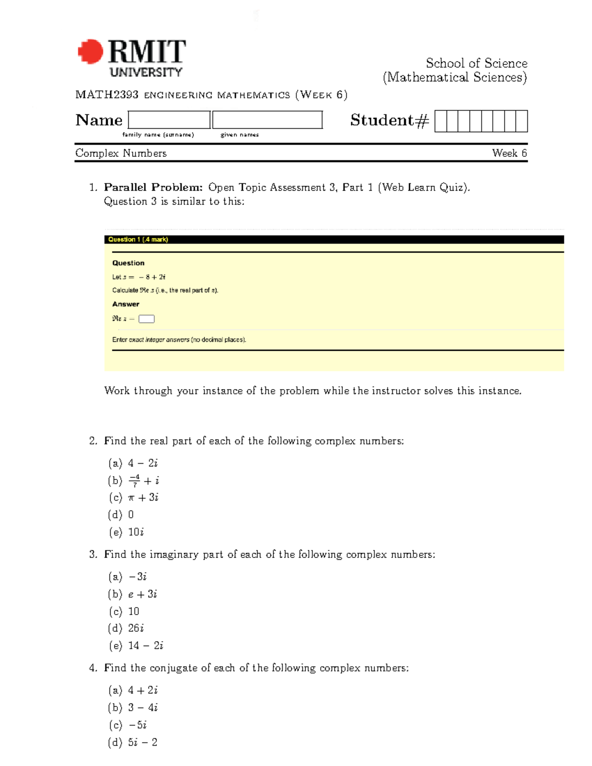 MATH2393 Engineering Mathematics Week 6: Complex Numbers Practice - Studocu