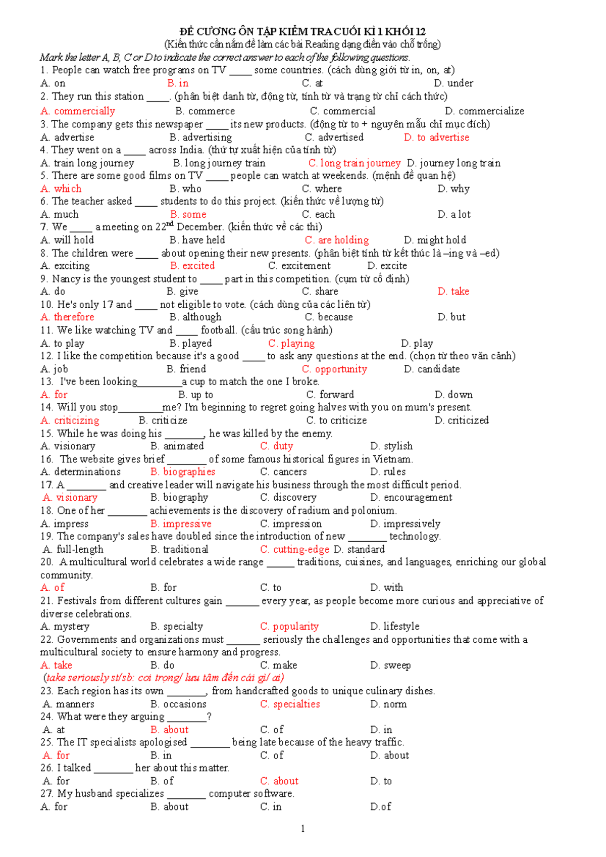 ĐỀ CƯƠNG ÔN TẬP KIỂM TRA CUỐI KÌ 1 KHỐI 12 - Reading & Grammar - Studocu