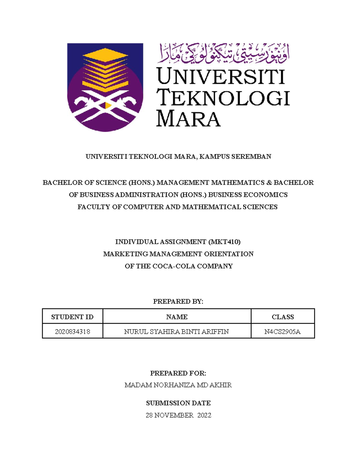 MKT410 Individual Assignment: Marketing Management of Coca-Cola - Studocu